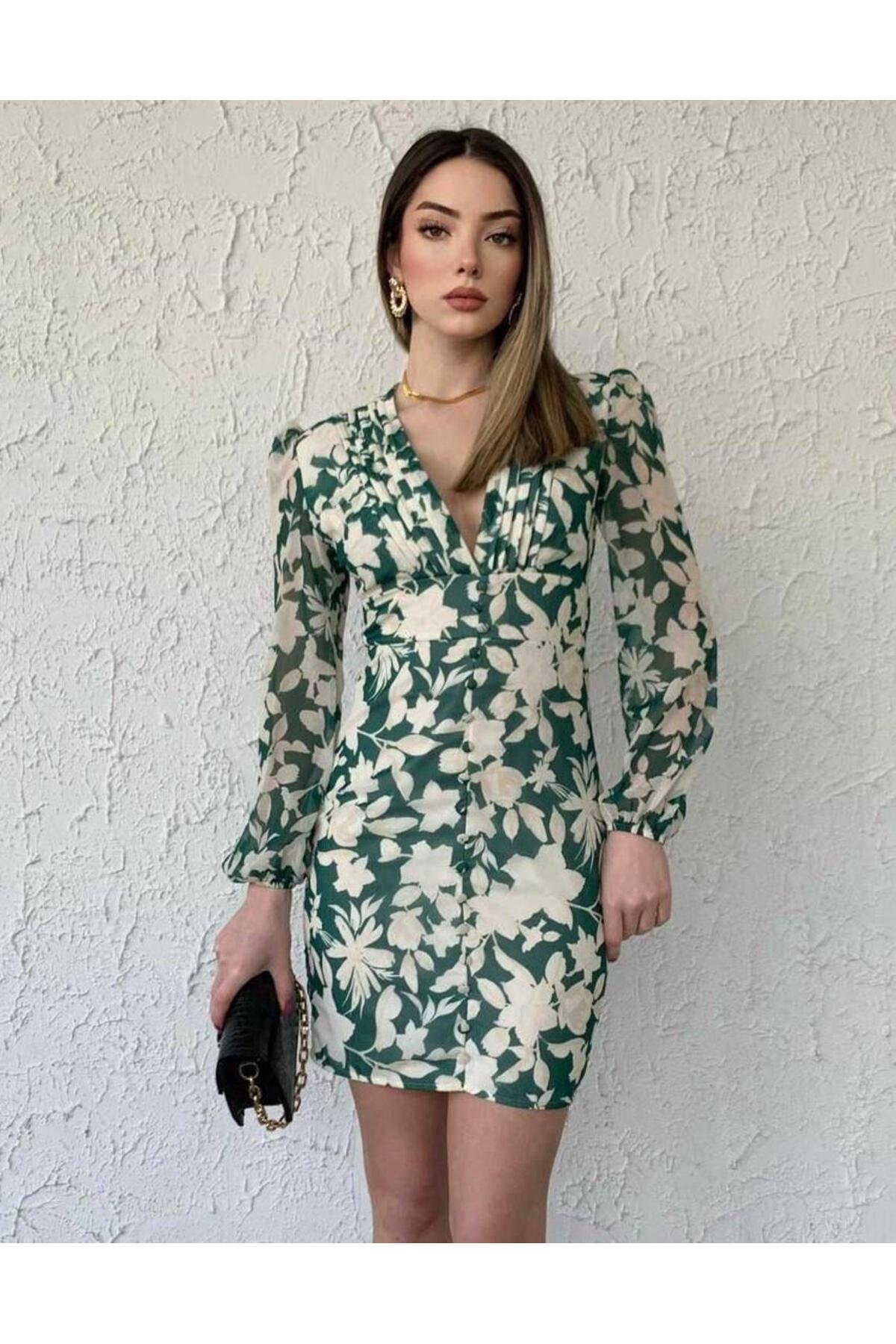 DERYA ŞİFON MİNİ UZUN KOL CİCEK DESENLİ ELBİSEFiyatı, Yorumları - Trendyol