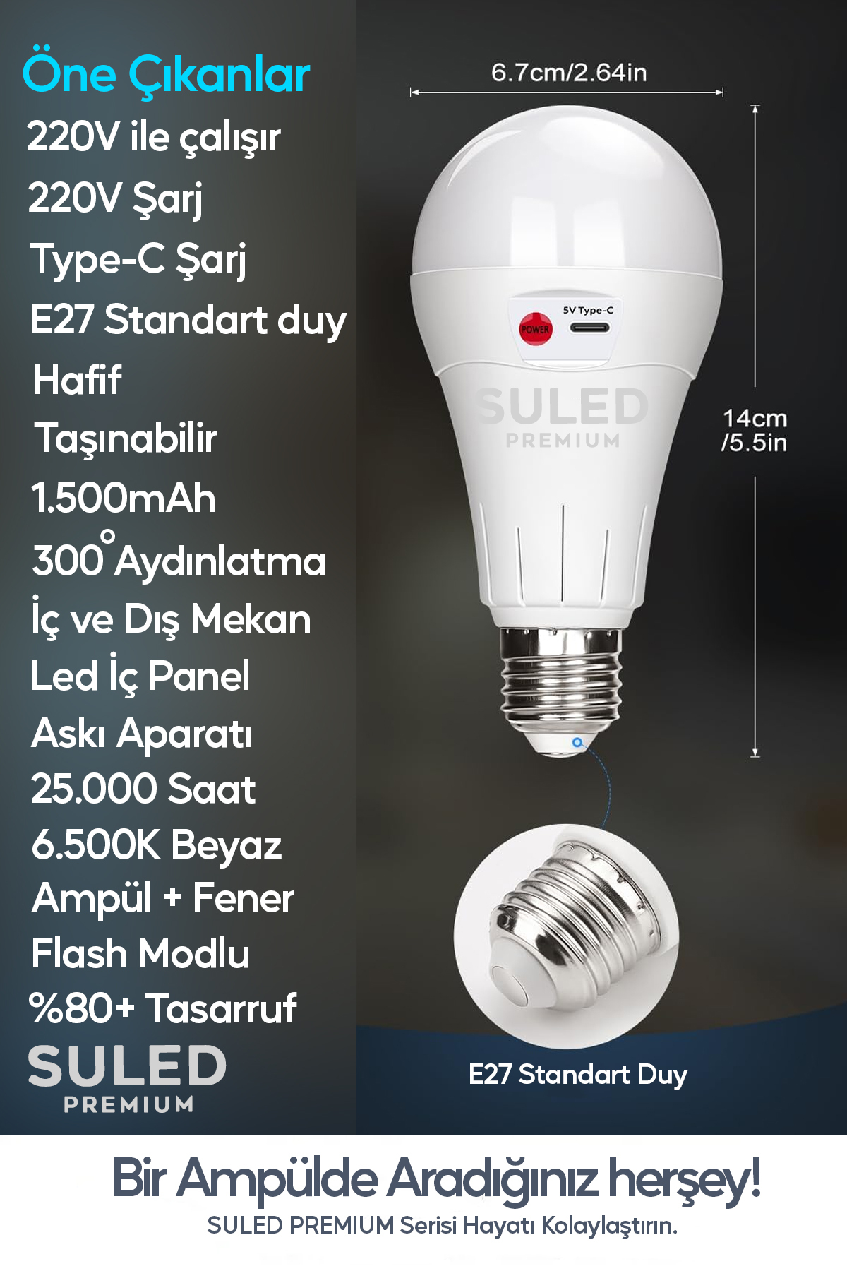 SULED Şarjlı Ampül 20W Beyaz Işık Tavan Kamp Işığı Acil Durum El Feneri ...