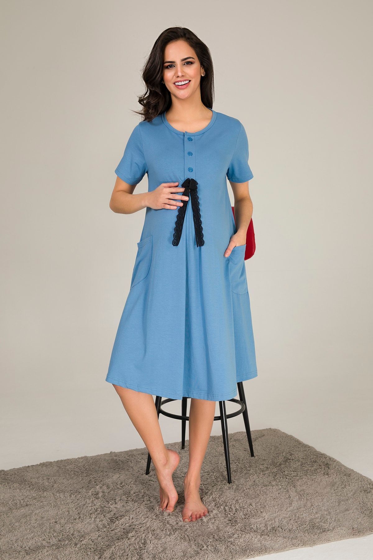 MyBen Mavi Hamile Gecelik Penye Kumaş Likralı Dantelli Tunik Kry100 ...