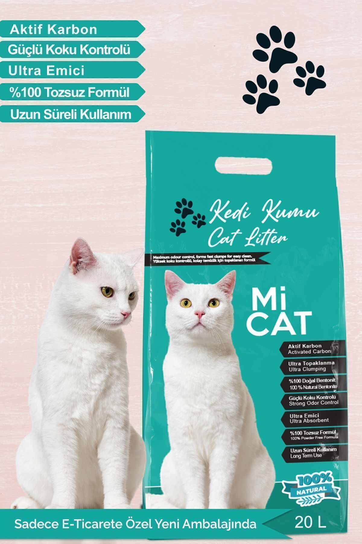 Mİ CAT 20 Litre Aktif Karbonlu Kokusuz Doğal Bentonit Kedi Kumu Süper ...
