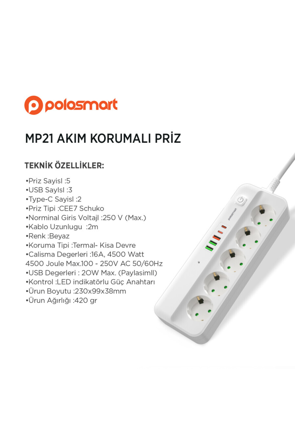 Polosmart MP21 Akım Korumalı 5'li Priz 3 USB 2 Typc-C - Fiyatı, Yorumları