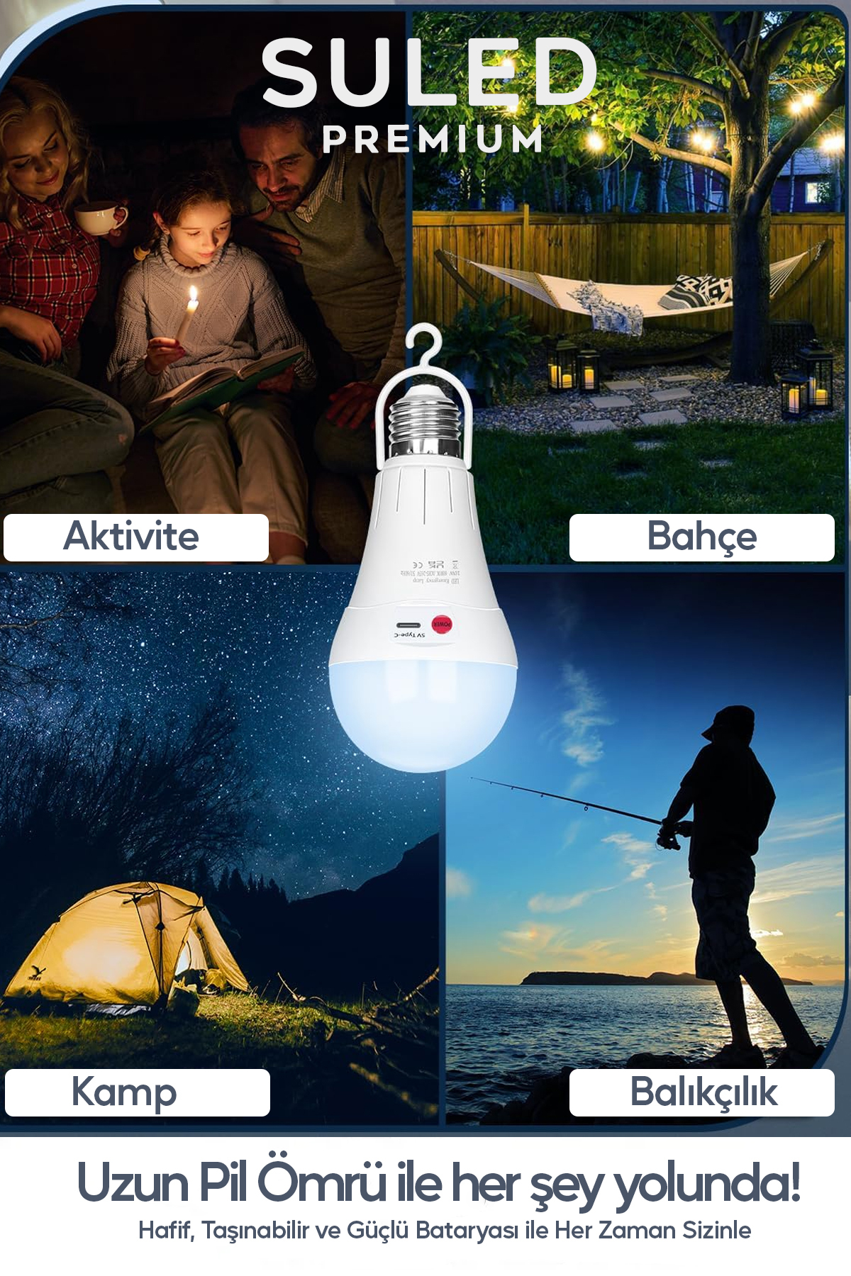 SULED Şarjlı Ampül 20W Beyaz Işık Tavan Kamp Işığı Acil Durum El Feneri ...