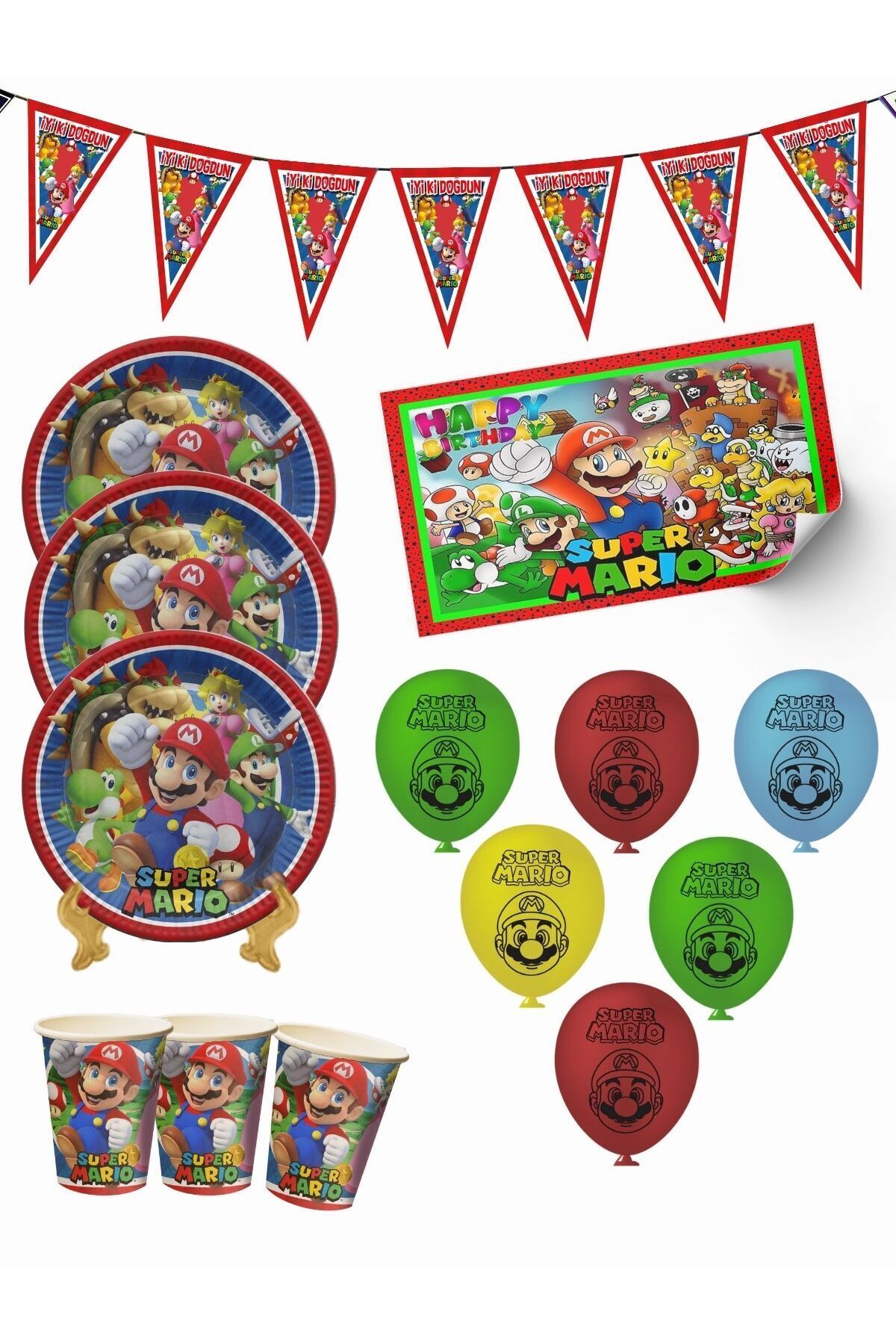 Genel Markalar Super Mario Bayraklı Ve Afişli 8 Kişilik Doğum Günü ...
