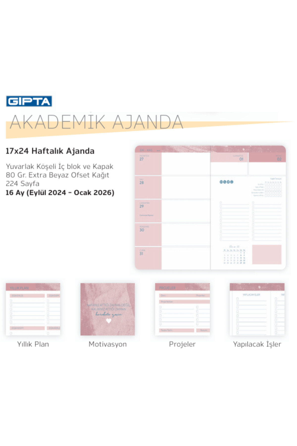 Gıpta 2025 Akademik Ajanda 460-SHK 17x24 Spiralli Sert Kapak Haftalık ...