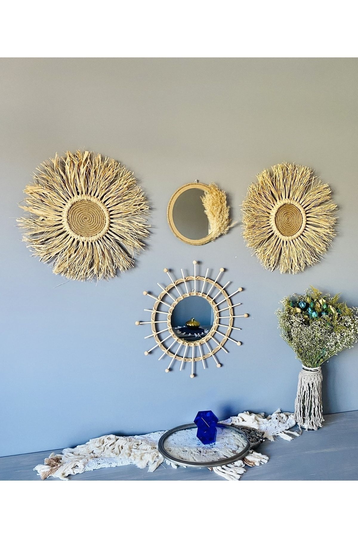 kattuna Wall Decoration Art Rafya Ve Bambu Ayna Duvar Dekorasyon Ürünü 4’lü Set Fiyatı ...