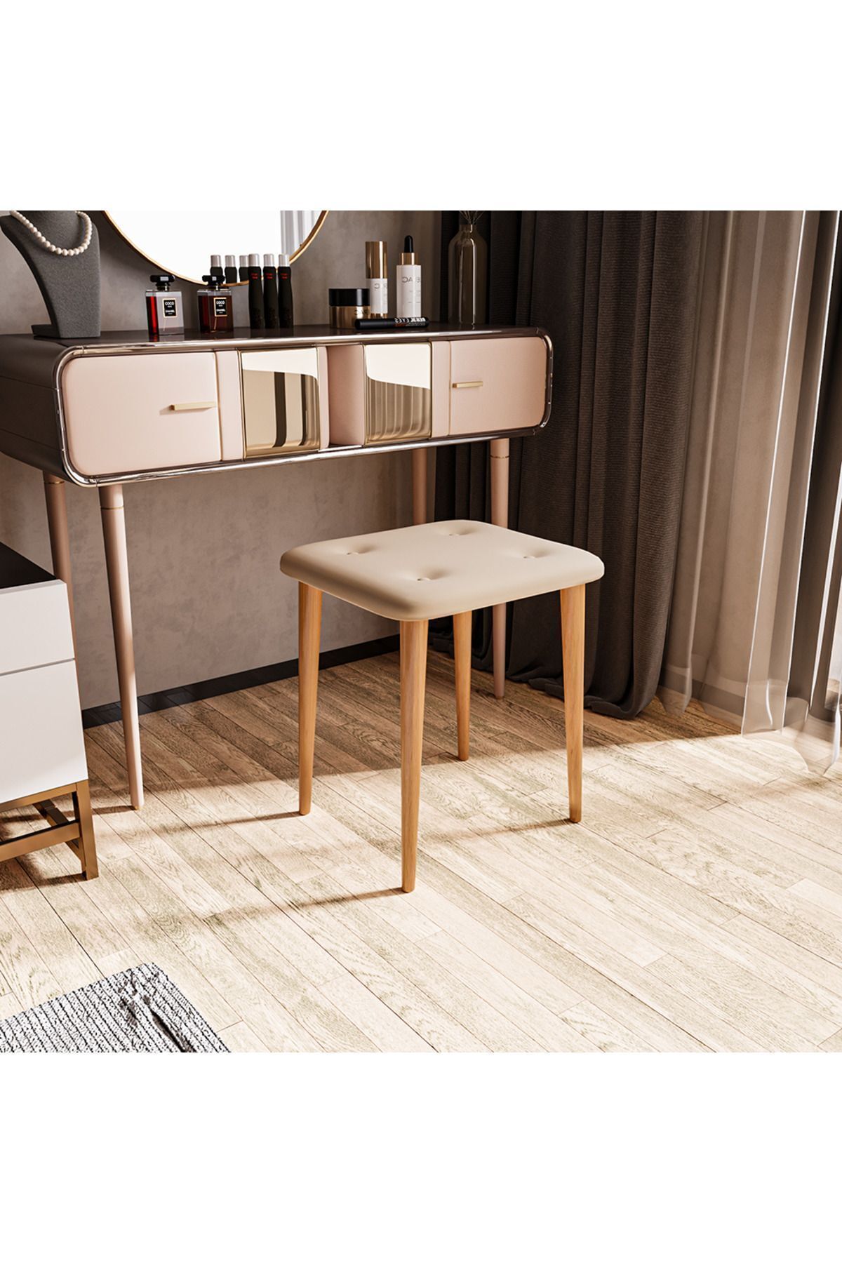 WOOVEN DESIGN Gürgen Ahşap Ayaklı, Renkli Kumaş Puf Tabure Makyaj Masası Sandalyesi Puf Kare ...