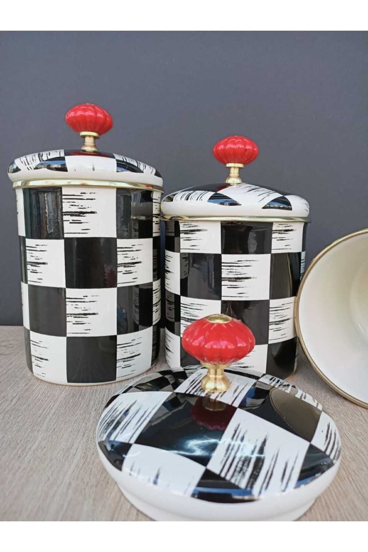 Pembishayatlar Tezgah Üstü 3'lü Damalı Emaye Baharatlık Seti Emaye ...