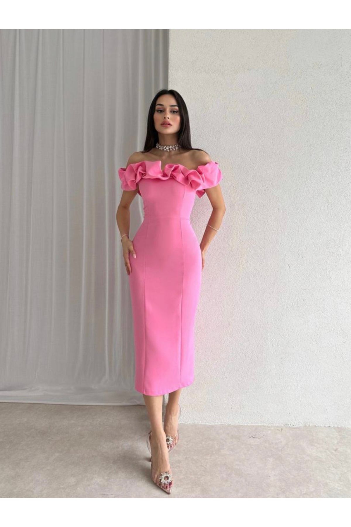 Afiş Butik Pink Ruffle Strapless Pencil Cut Dress - Trendyol