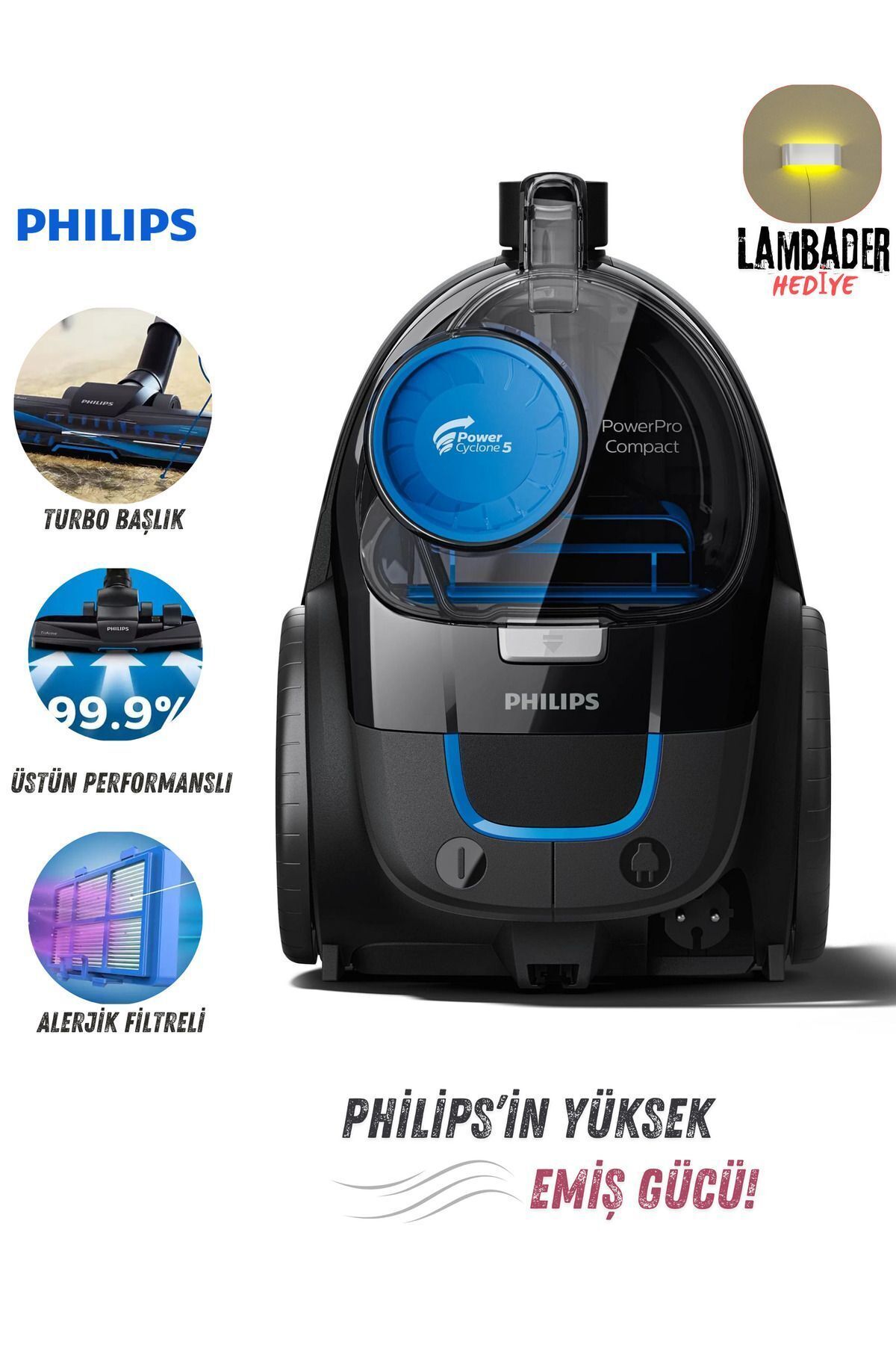 Philips Turbo Başlıklı Yüksek Performanslı Torbasız Elektrikli Süpürge ...