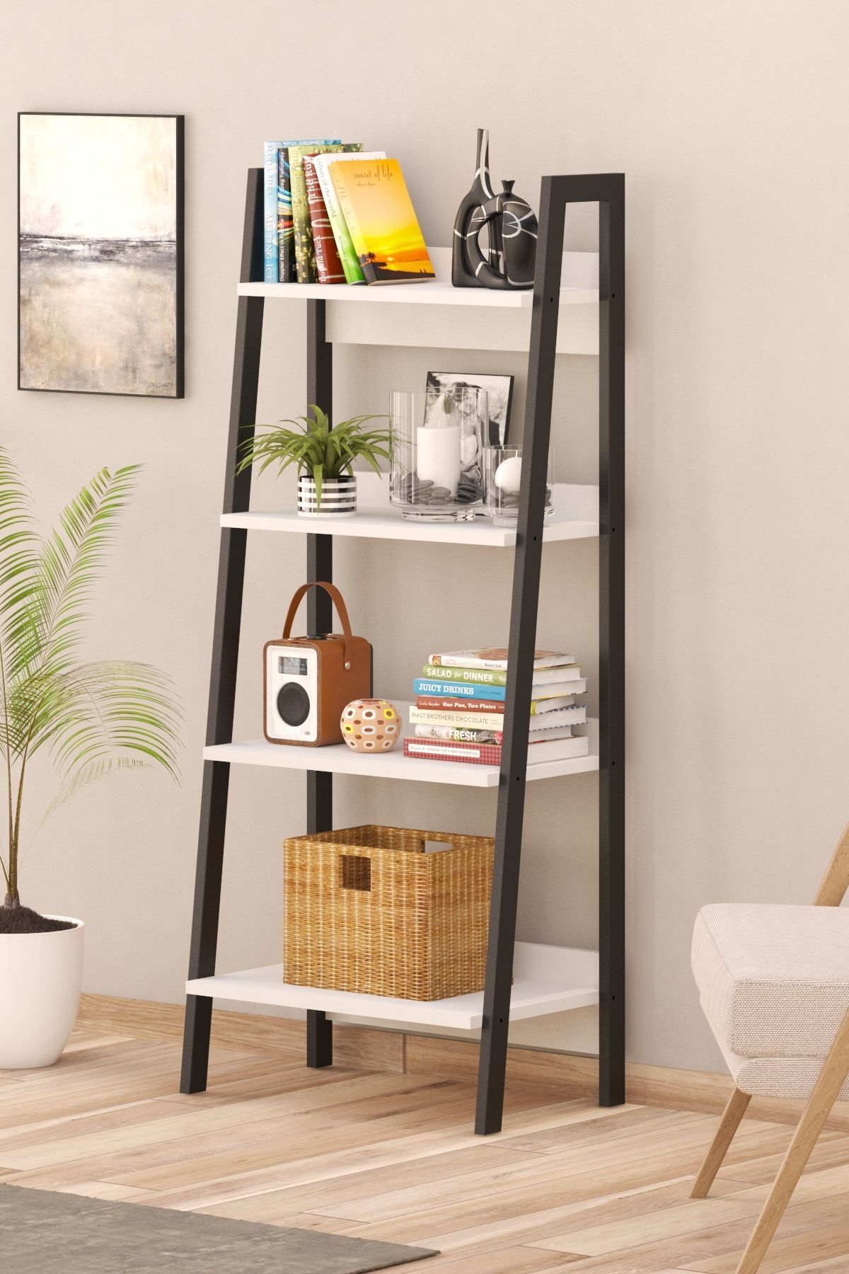 HNC HOME HNCHOME 4 Katlı Metal İskeletli Kitaplık Aksesuar Rafı ve Merdiven Raf, Modern Kitaplık ...