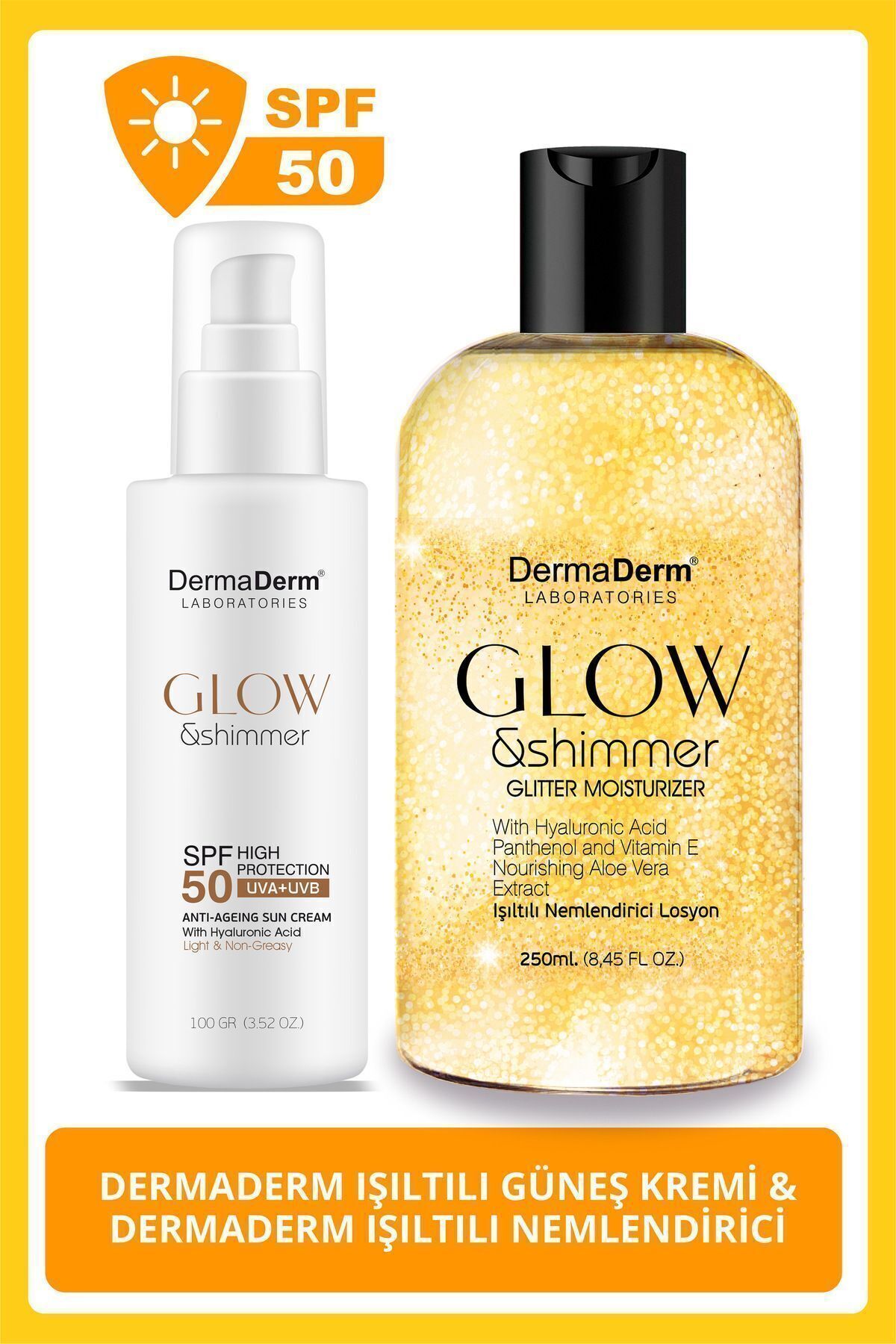 DermaDerm SPF50+ Işıltılı Yüz ve Vücut Güneş Kremi 100Ml. ve Dermaderm ...