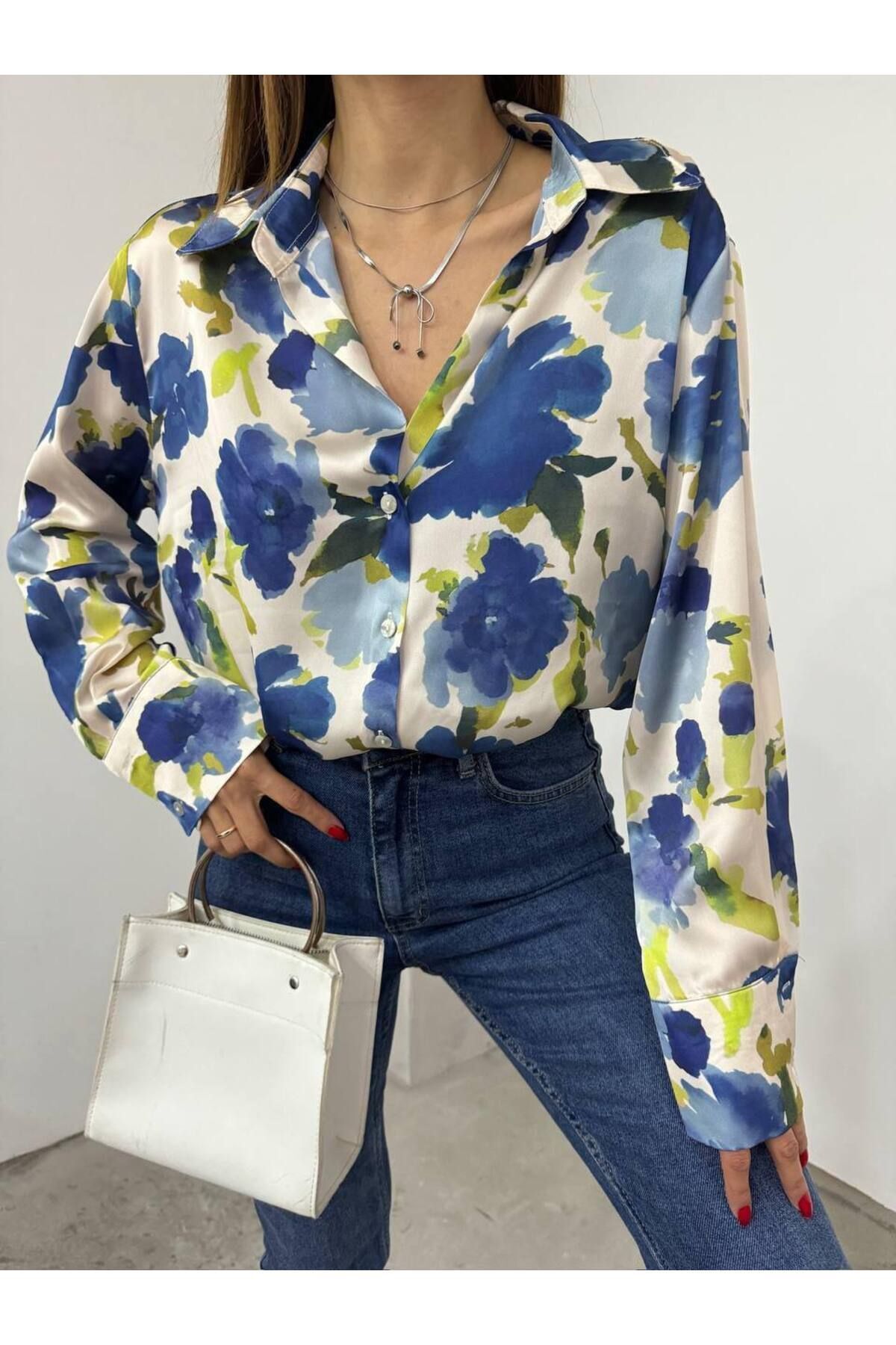 SHEYMA Lacivert Çiçek Desenli Saten Gömlek - Fiyatı, Yorumları