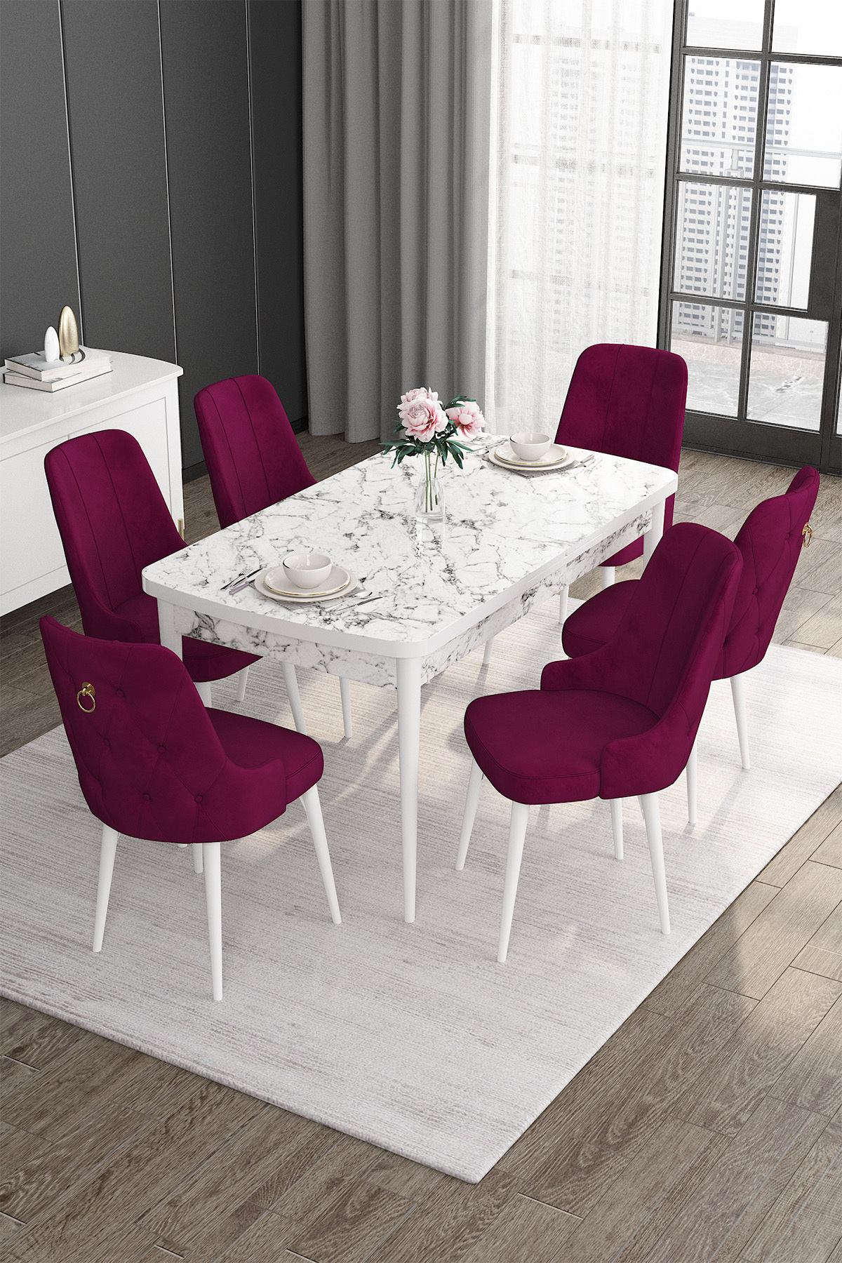 Canisa Noa Serisi, 80x132 Açılabilir Beyaz Mermer Desen Yemek Masası ...