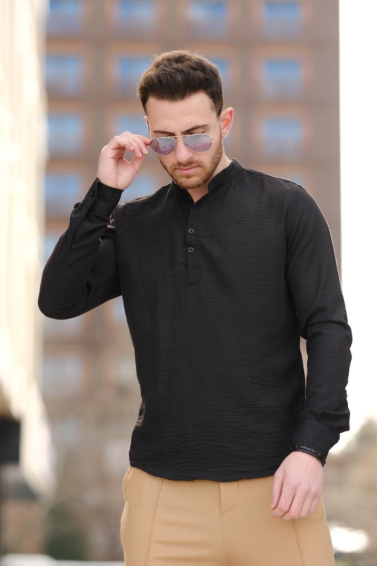 Oksit Zareh Slim Fit Kırınkıl Desen Yarım Pat Hakim Yaka Erkek Gömlek ...