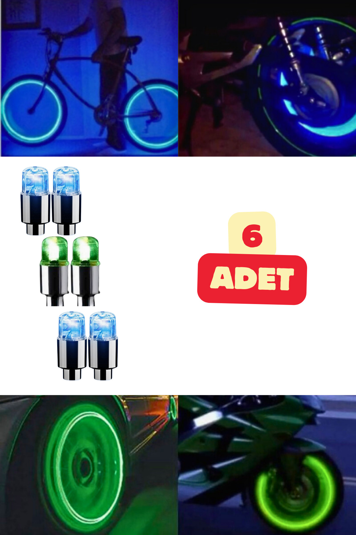 Vekorr Hareket Sensörlü Yuvarlak Mavi Yeşil Sibop Işık Led Işıklı Bisiklet Araba Motor Tekerlek ...