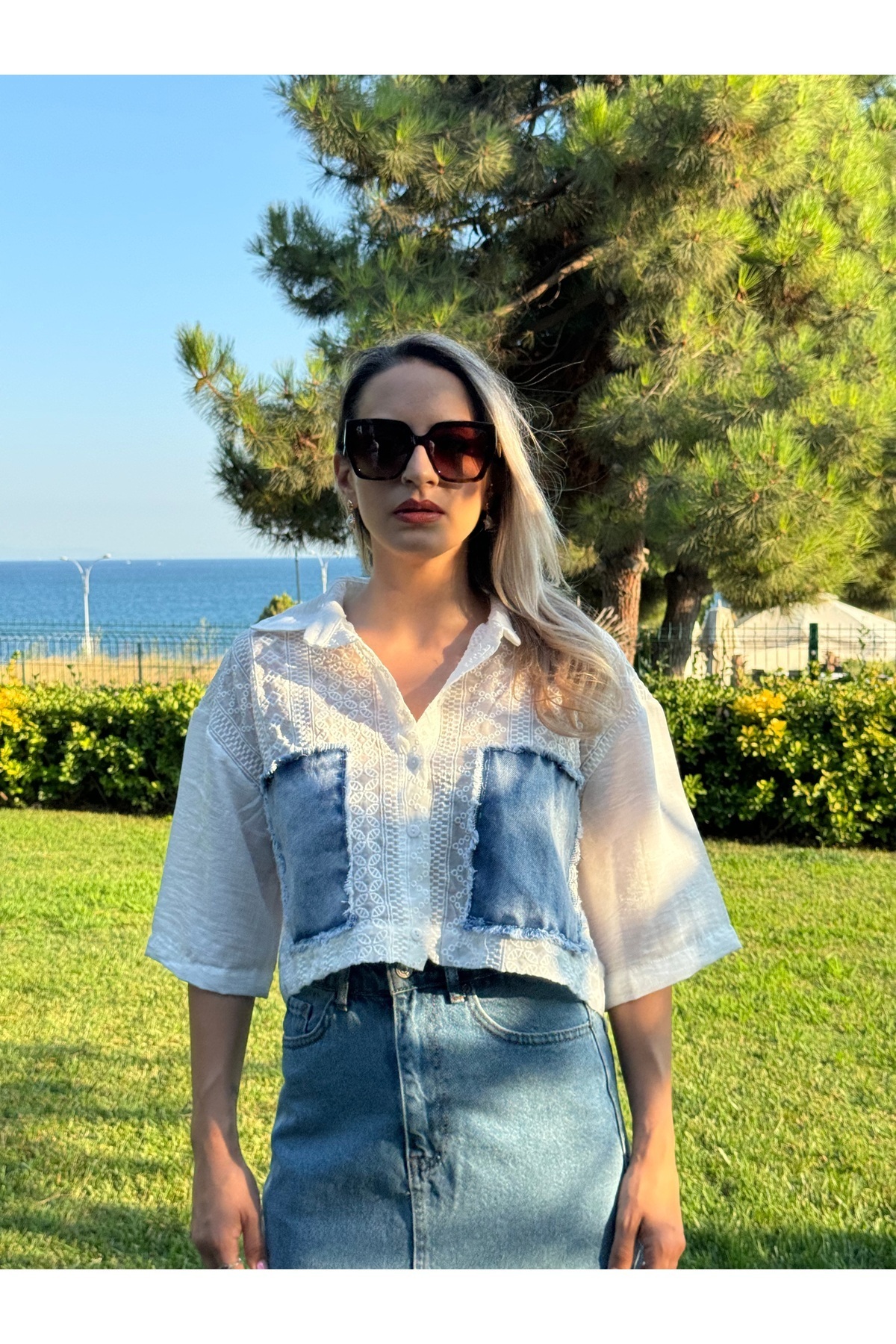 ayriss Tasarım Kot Cepli Dantel Görünümlü Brodeli Beyaz Kısa Keten ...