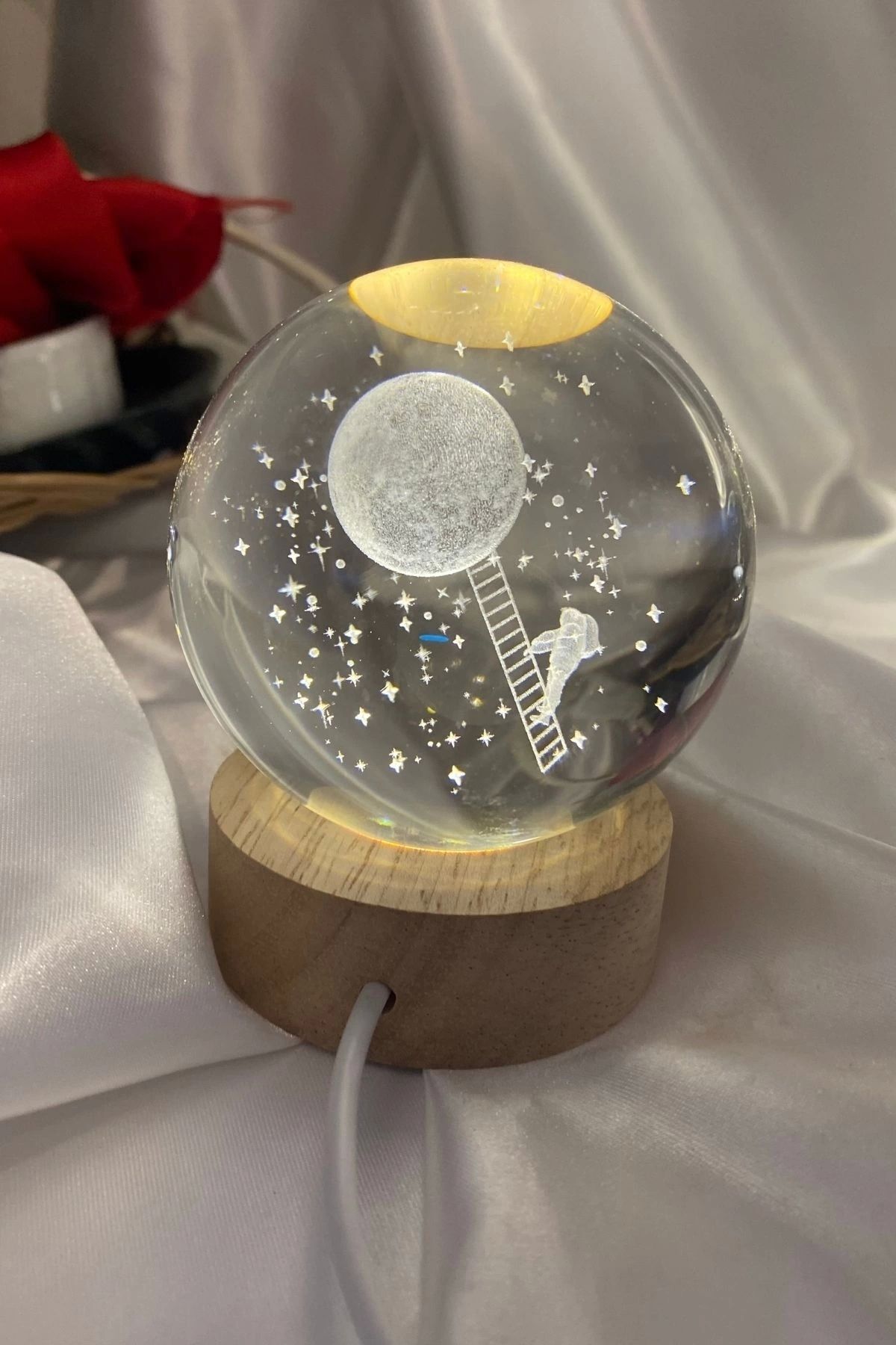 RaHan 3D Led Işık Cam Küre Tek Renk Günışığı Ahşap Astronot Ay 7 cm ...