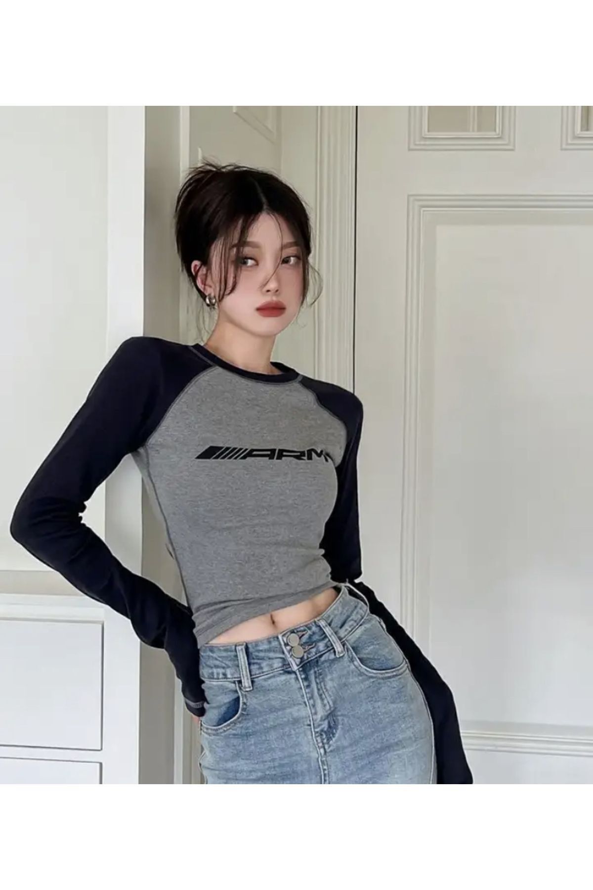 AtegeWear Y2K Arm Baskılı Uzun Kol Crop Bluz - Fiyatı, Yorumları