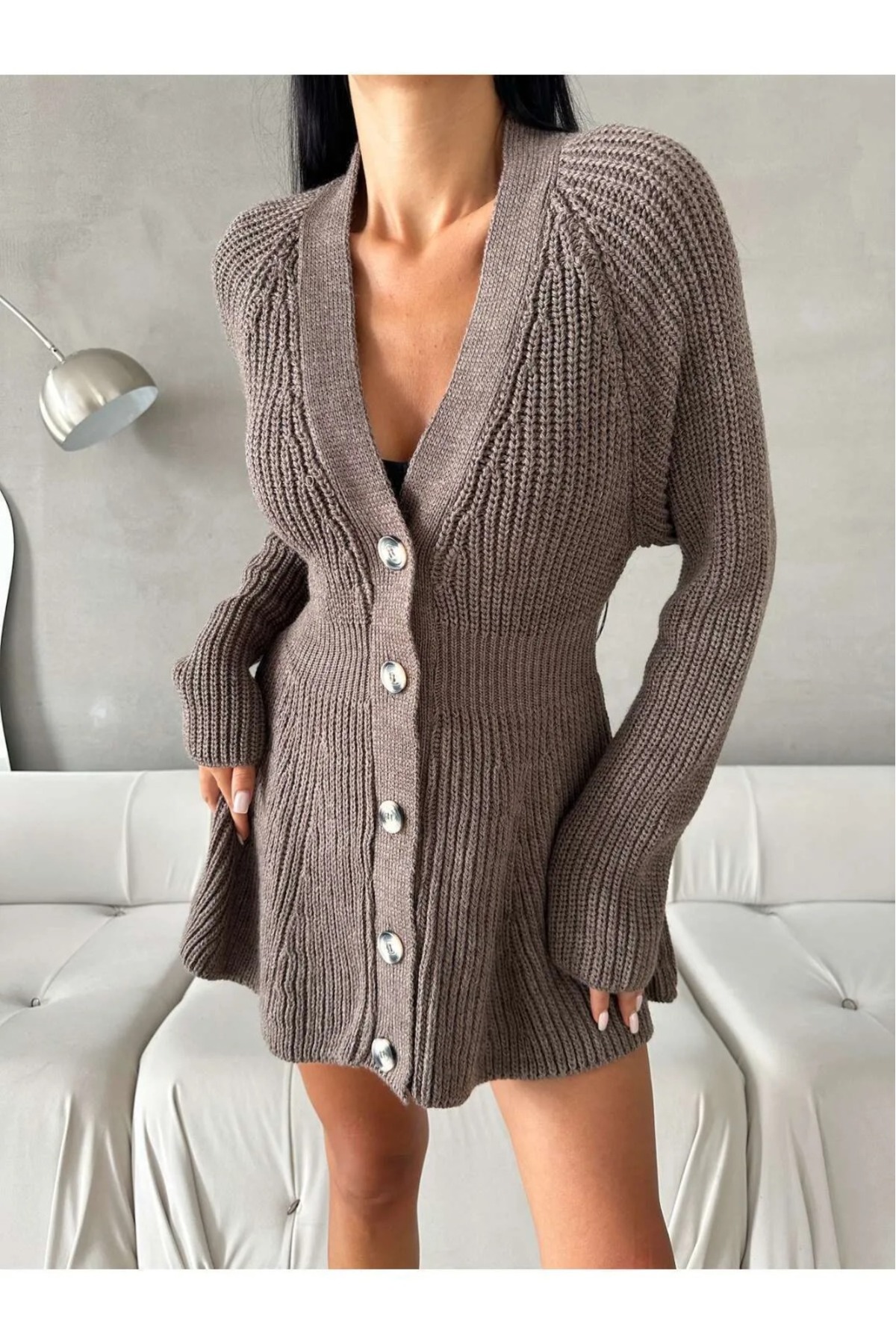 binoi butik Kadın Belden Oturtmalı Kemik Düğme Detaylı Triko Hırka ...