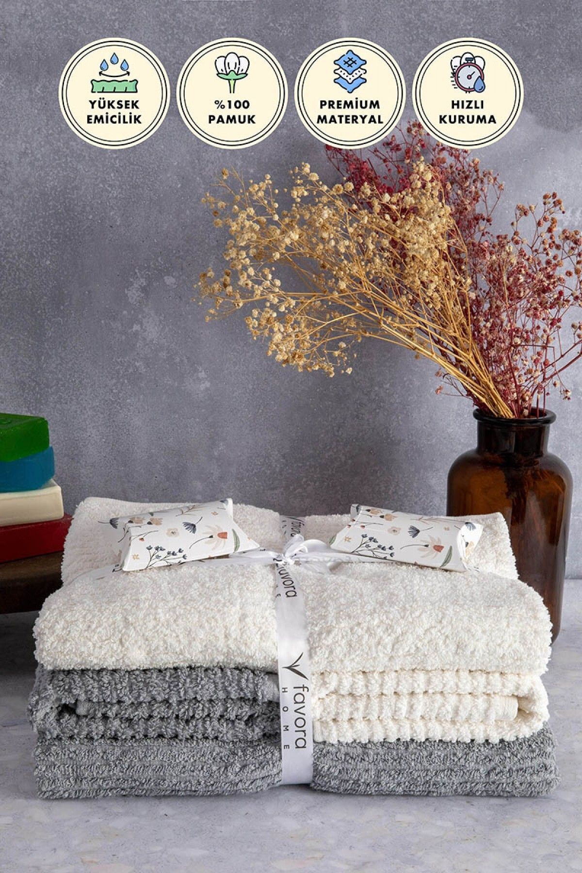 FAVORA Line %100 Pamuk Luxury 6 Parça Havlu Hamam Seti - Gri Krem ...