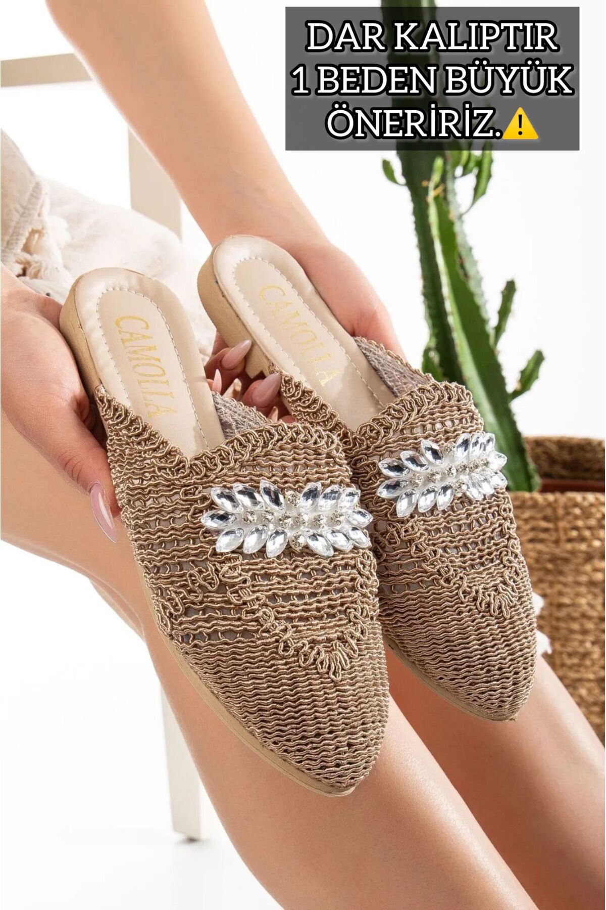 Slipcat Kadın Hasır Terlik Önü Kapalı Örgü Dantel Taş Detaylı Şık Yazlık Ev Plaj Tatil Terliği ...