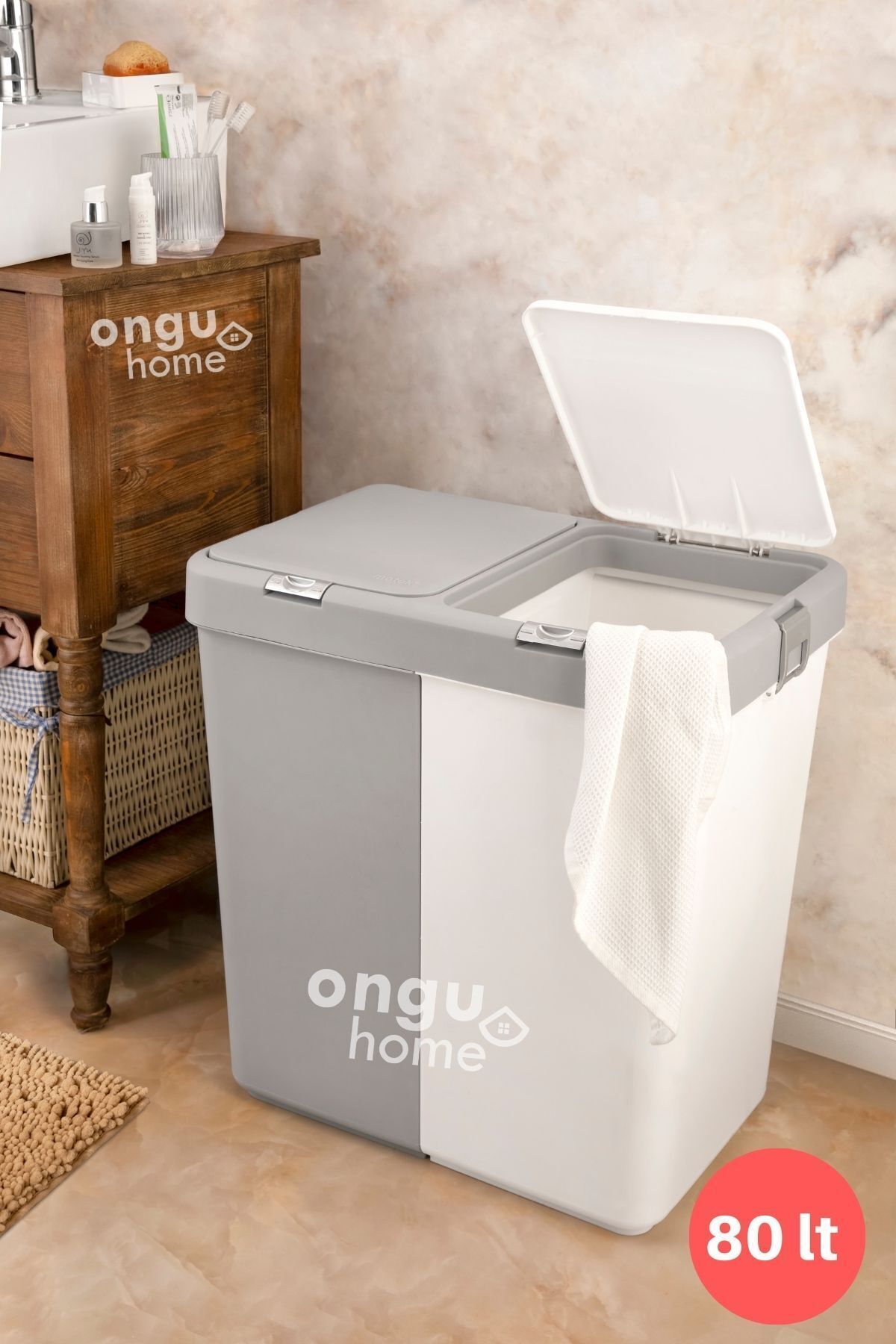 ongu home Ikili Kirli Sepeti Dokunmatik Kapaklı Çamaşır Sepeti (80LT ...