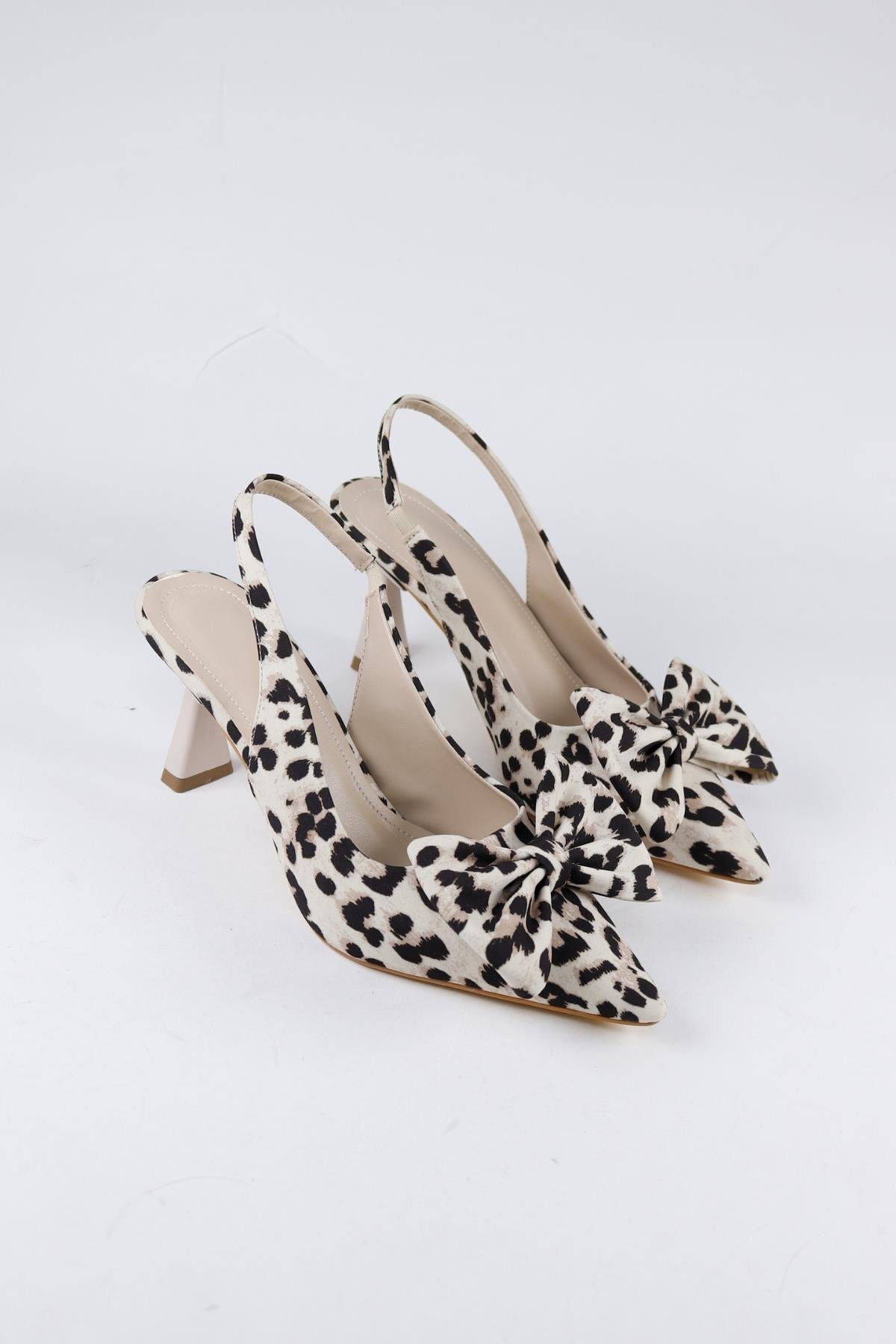 NiceDiffer Kadın Fiyonk Bej Leoper Kumaş Topuklu Ayakkabı 7cm Topuklu ...