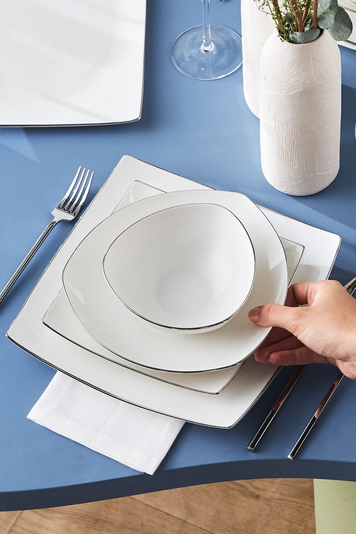 Karaca Square Bone Lucia 60 Parça 12 Kişilik Yemek Takımı Platin ...