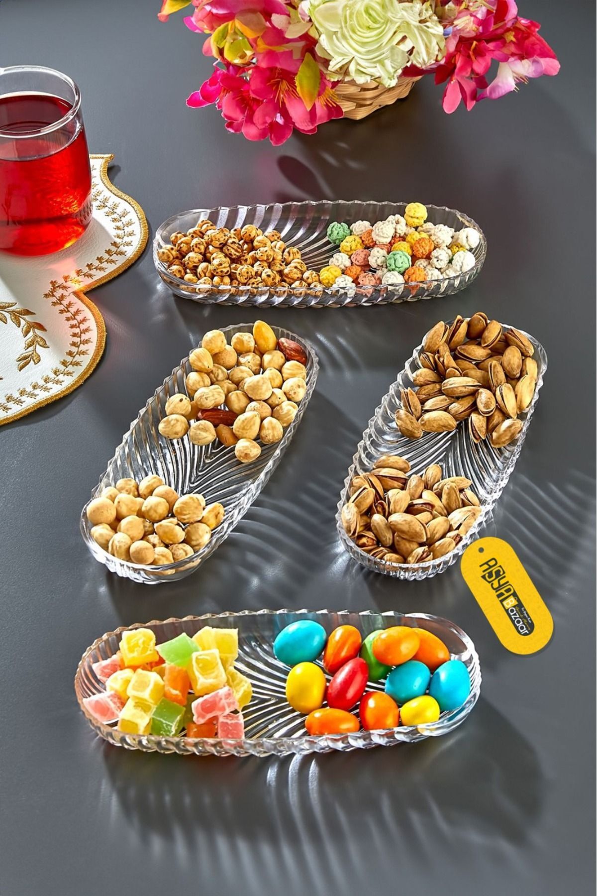 ASYA BAZAAR 4 Adet Cam Kahvaltı & Çerez Tabağı, Cam Kayık Kase 20 cm ...
