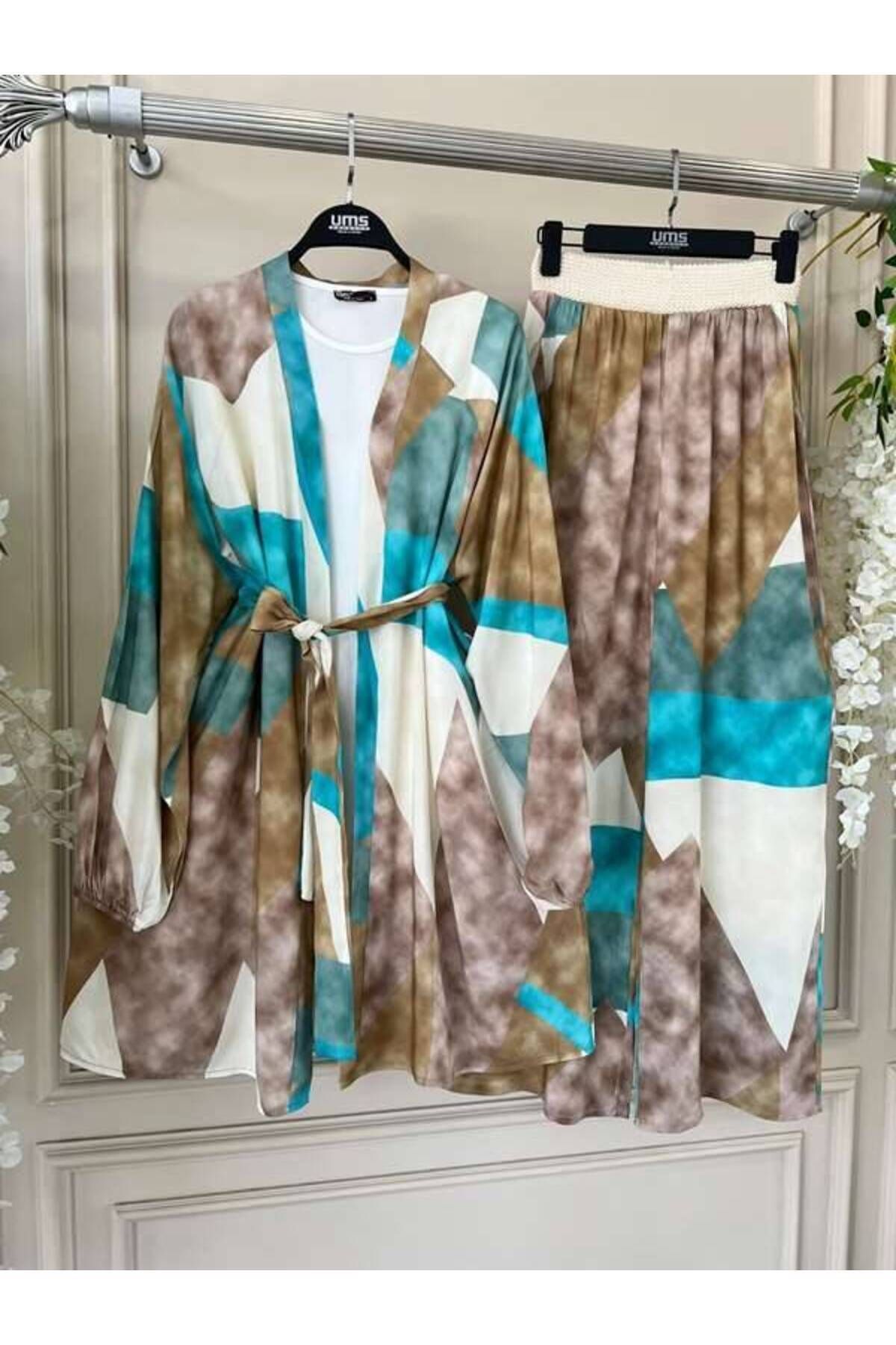 UMS CONCEPT ŞAHİN DESENLİ HASIR BEL PANTOLON KİMONO İKİLİ TAKIM 1542 ...