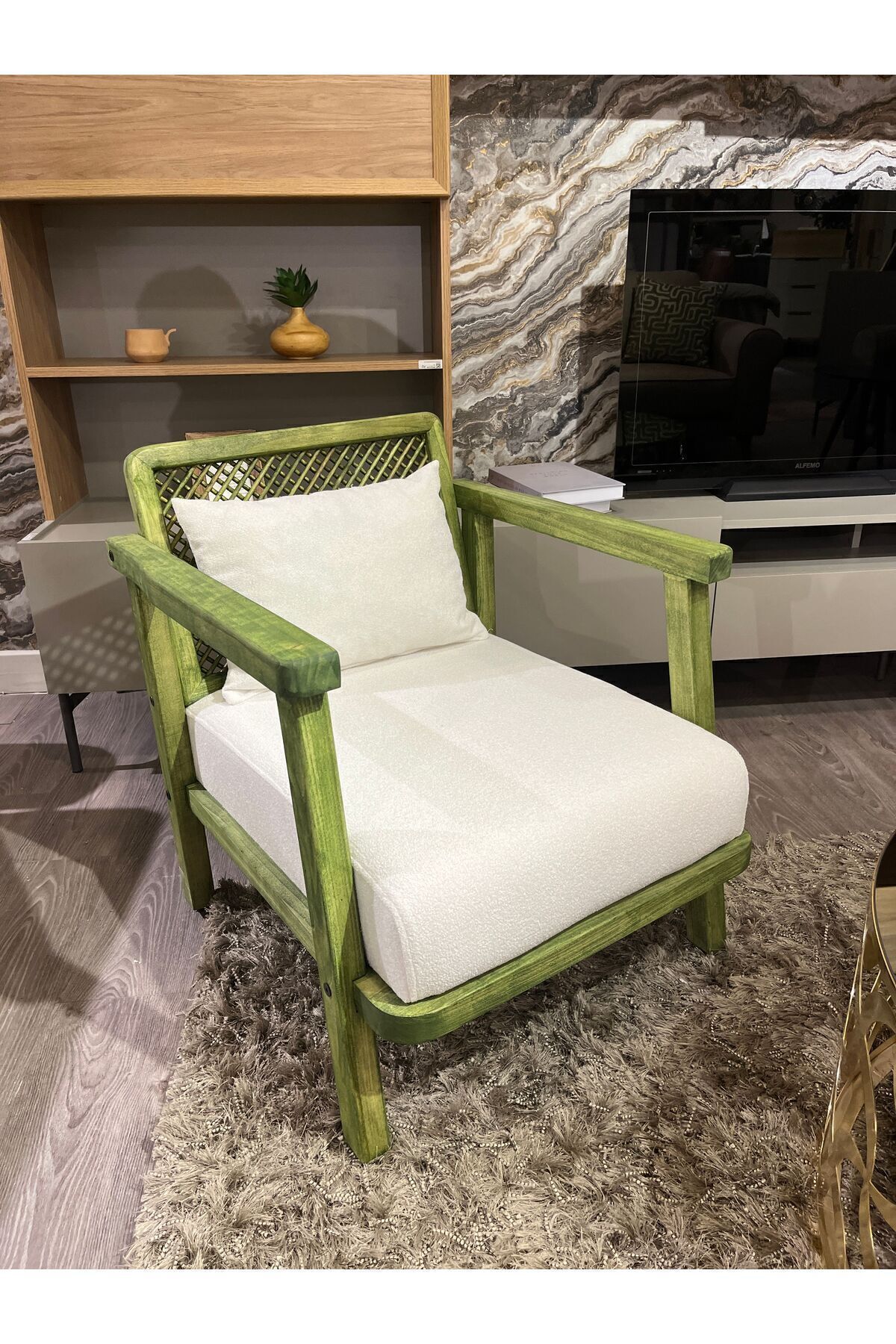 Aberteka Merlin Hazeranlı Yeşil Ahşap. Beyaz Teddy Kumaş Berjer Fiyatı ...