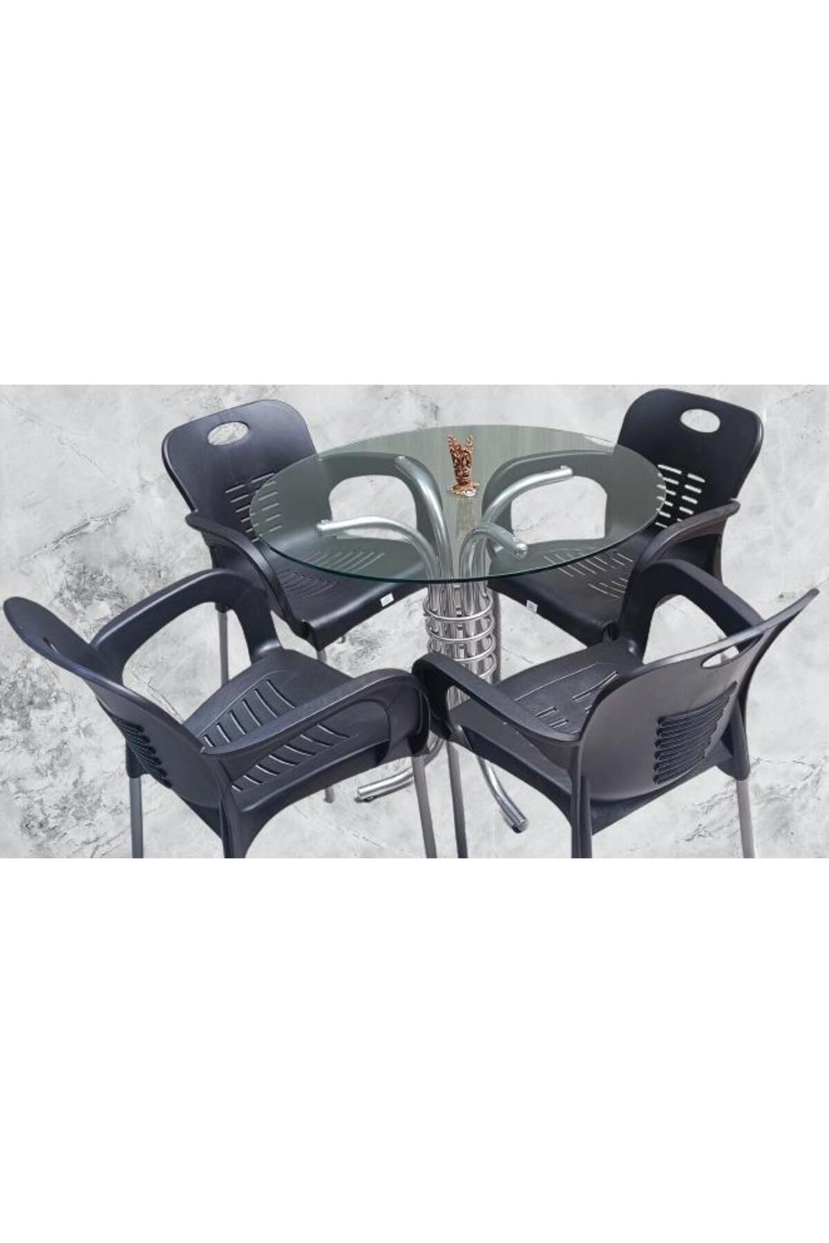 BENGİ TİCARET Masa 90279 Takım Temper Cam Gri Siyah Kolçak Sandalye ...
