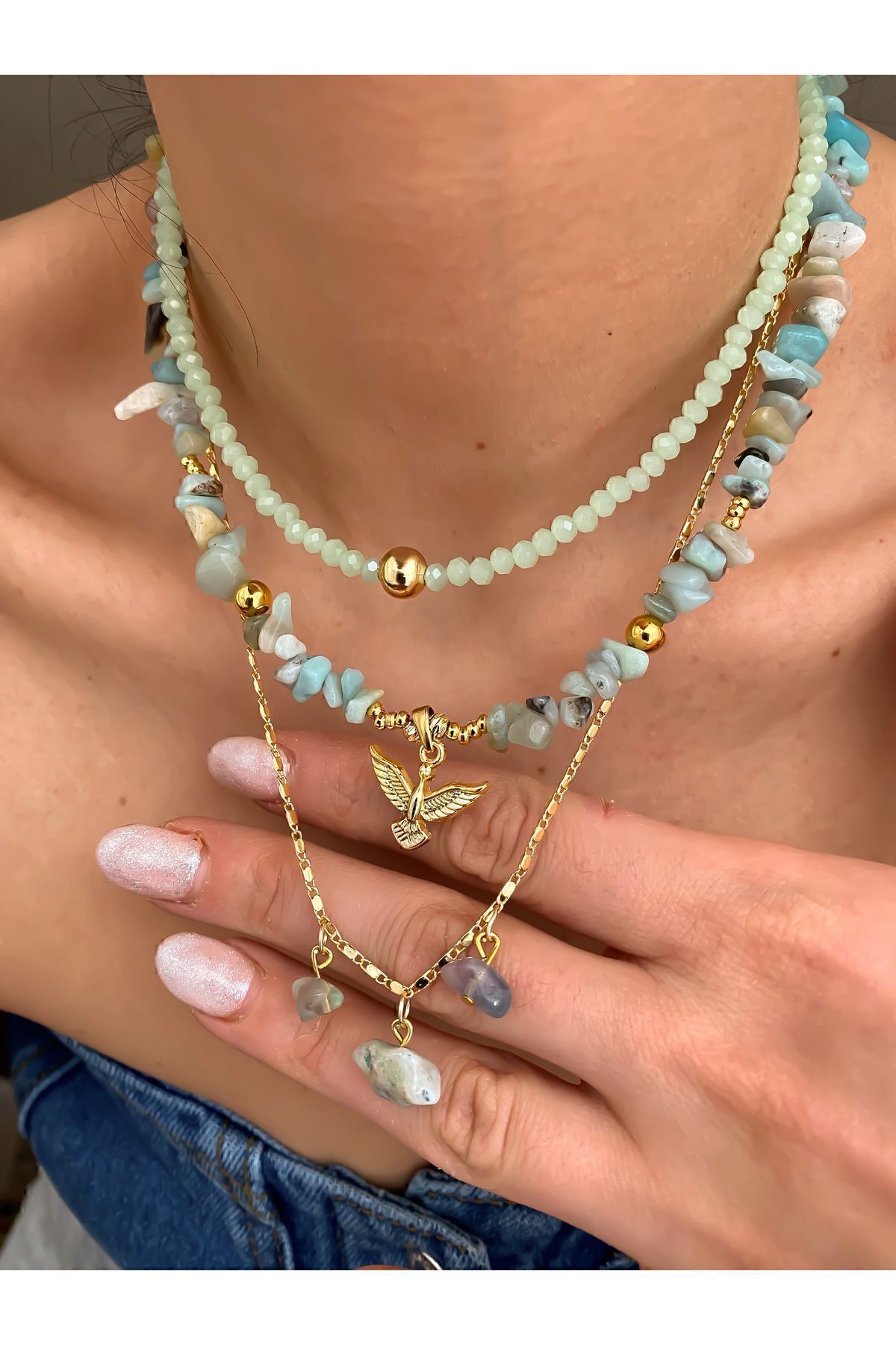 Lucky Designs Gold Yeşil Mercan Taş Detay Üçlü Set Kolye/ Kadın Çoklu ...