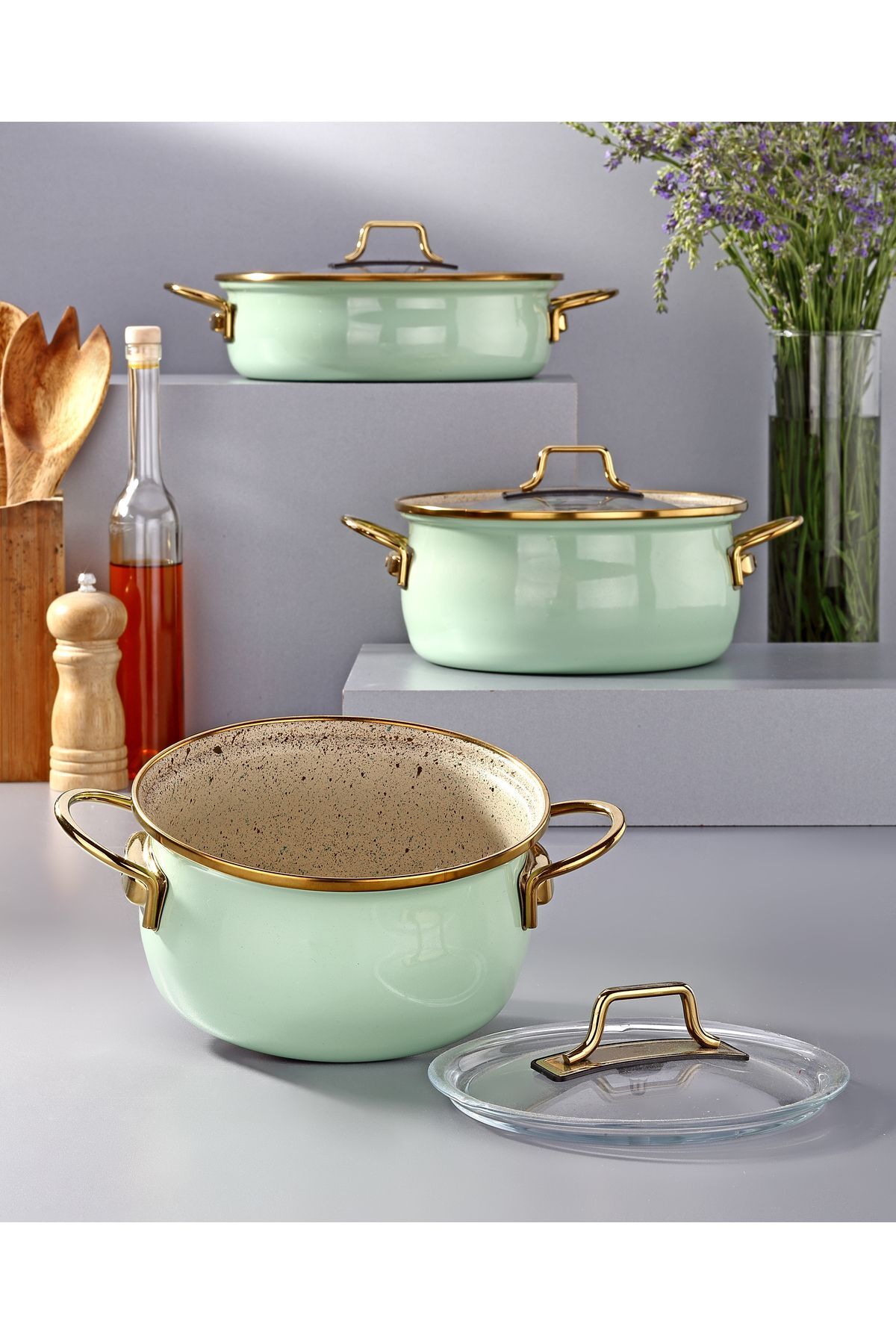 Bonera Water GreenVintageEnamel 6 Piece Casserole and Pot Set - Trendyol