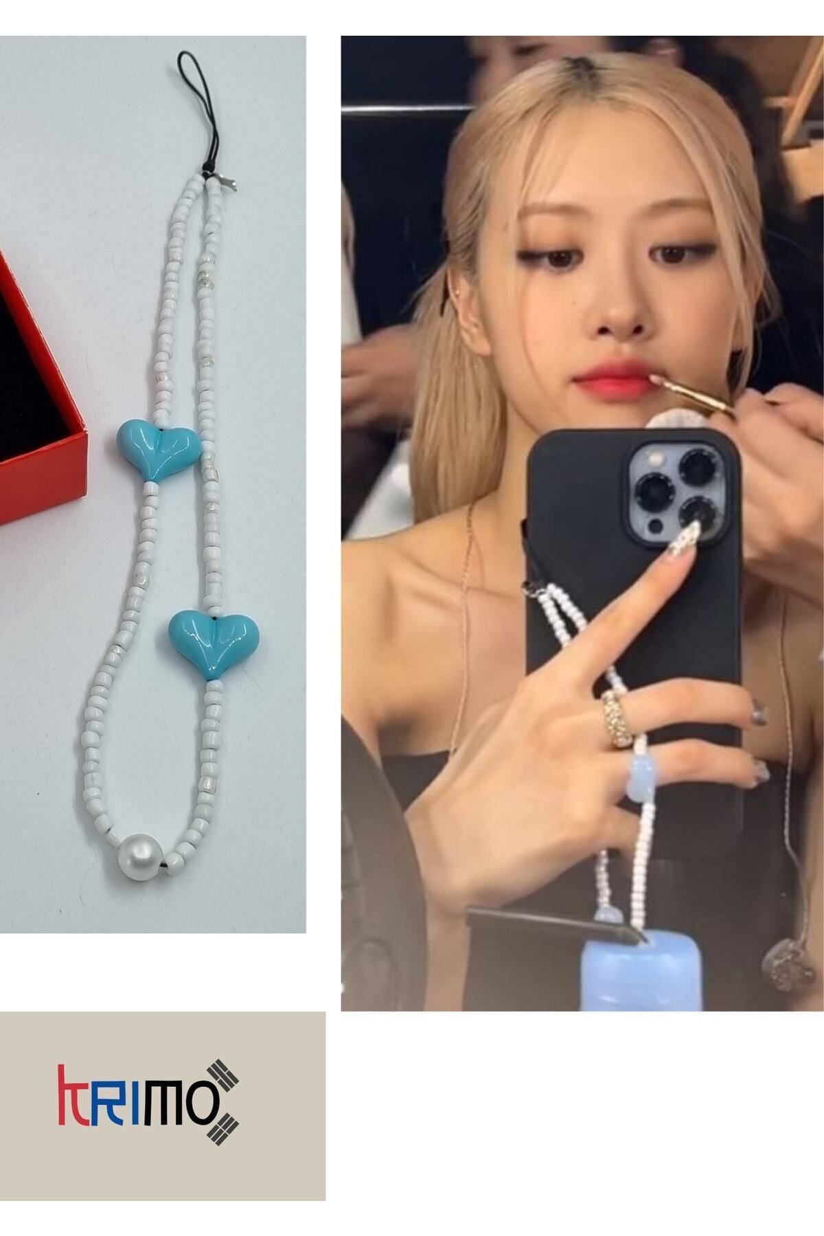 KRIMO Kpop Blackpink Rose Mavi Kalpli Beyaz Boncuklu Telefon Charmı ...