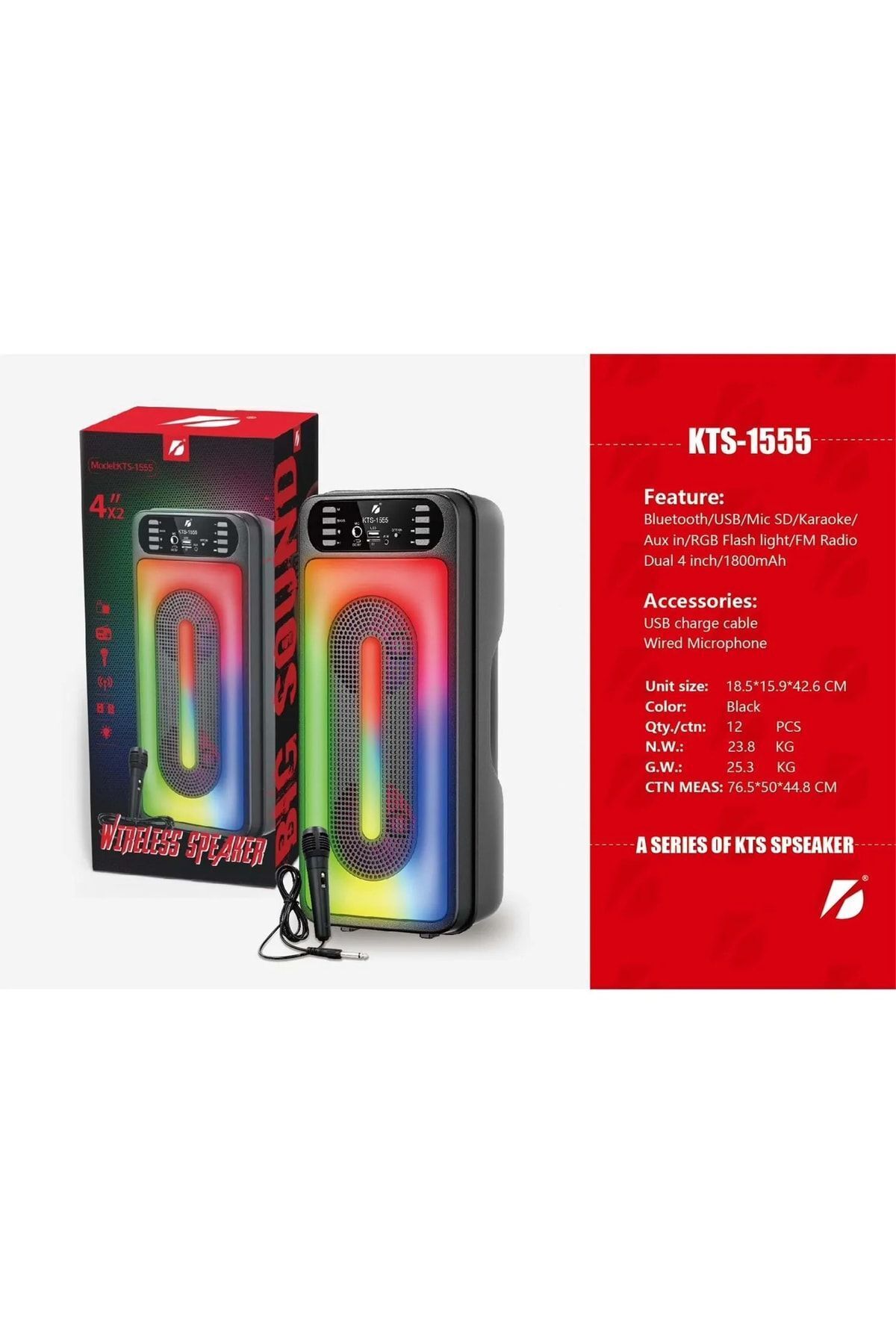 Subzero Kts-1555 Hoparlör Kablolu Mikrofon Bt 5.0 Kablosuz Karoke Parti Hoparlör Taşınabilir ...