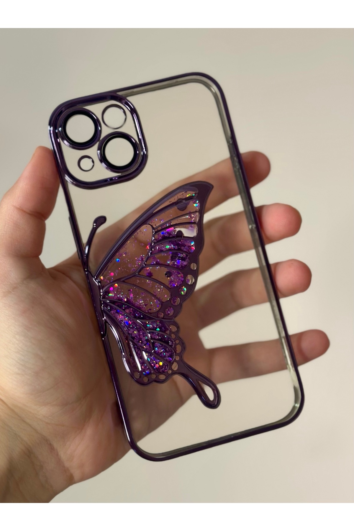 HYPERSOFT Iphone 13 Uyumlu Kamera Koruyuculu Sulu Simli 3d Kabartma Kelebek Figürlü Şeffaf Kılıf ...