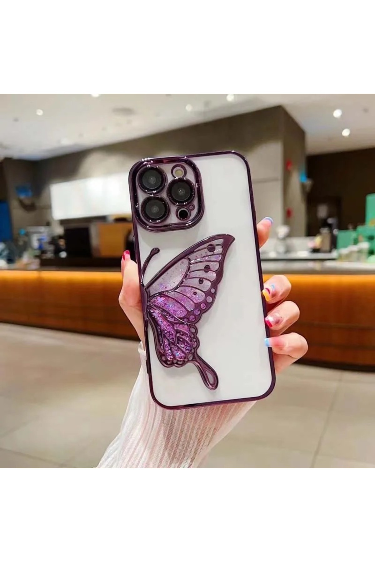 HYPERSOFT Iphone 15 Pro Max Uyumlu Kamera Koruyuculu Sulu Simli 3d Kabartma Kelebek Figürlü ...