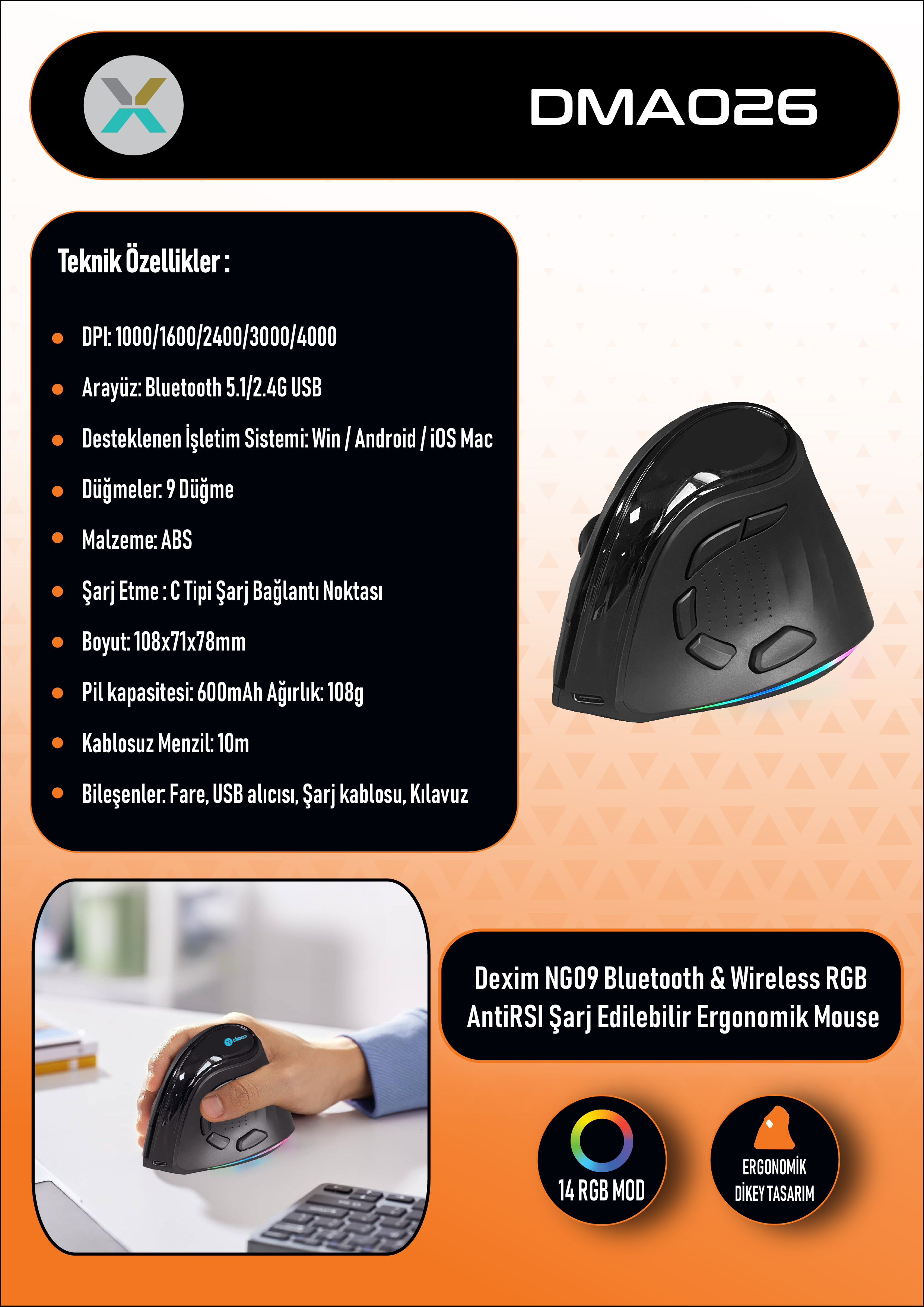 Dexim Wireless, 2.4Ghz & Bluetooth RGB AntiRSI Şarj Edilebilir ...