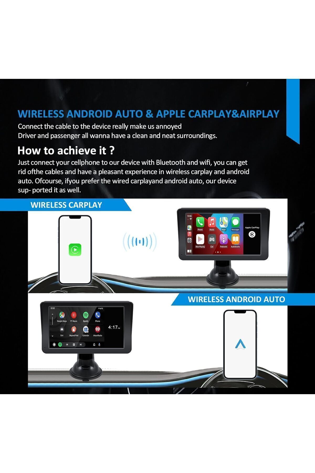 Dark 7" Taşınabilir, Kablosuz Apple CarPlay Android Auto Airplay ...