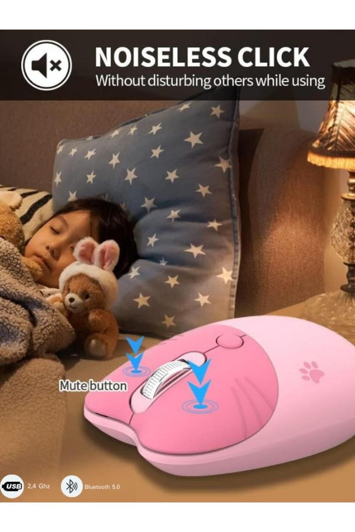 NDNeed Sevimli Kedi Kablosuz Pembe Mouse Bluetooth + 2.4G Dual Mode ...