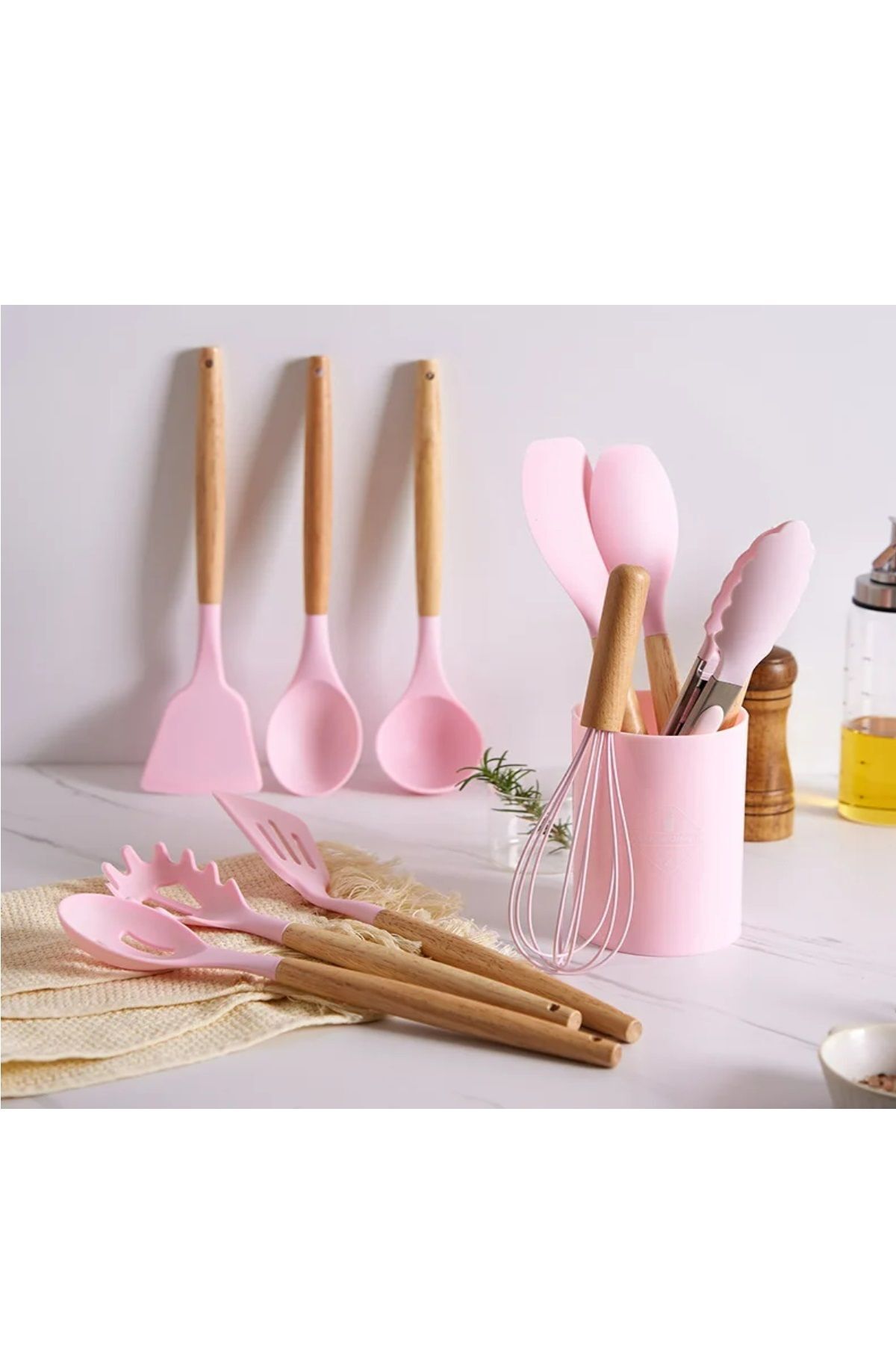 safestore 12 Parça Ahşap Sap Silikon Mutfak Pasta Silikon Kepçe Çırpıcı ...