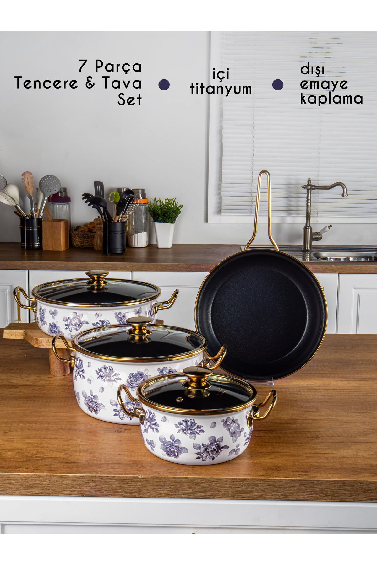 Bonera Lilium 7 Parça Mavi Gül Desenli Emaye Tencere & Tava Seti ...