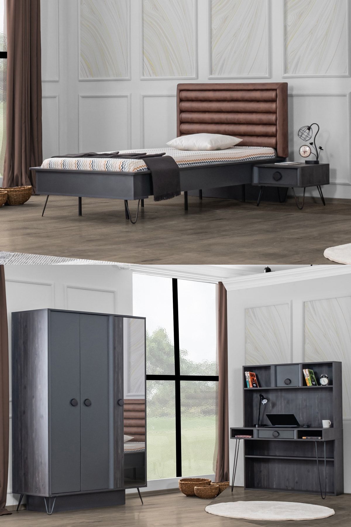 Setay Black New Genç Odası 3 Kapılı Dolap, Karyola, Komodin, Masa ...