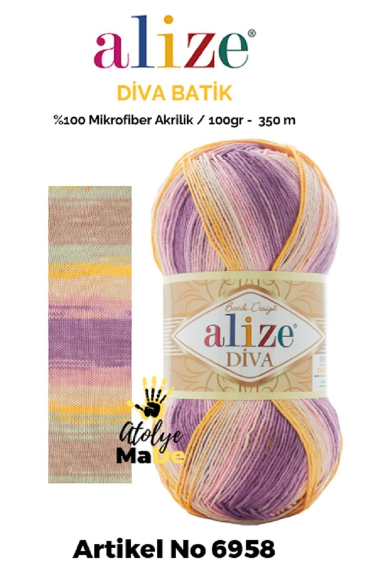 Alize Diva Batik 6958 %100 Mikrofiber Akrilik (100gr 350m) Tek Yumak 17 farklı Batik Renk ...