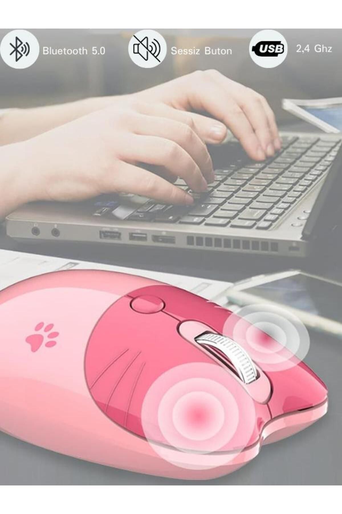NDNeed Sevimli Kedi Kablosuz Pembe Mouse Bluetooth + 2.4G Dual Mode ...