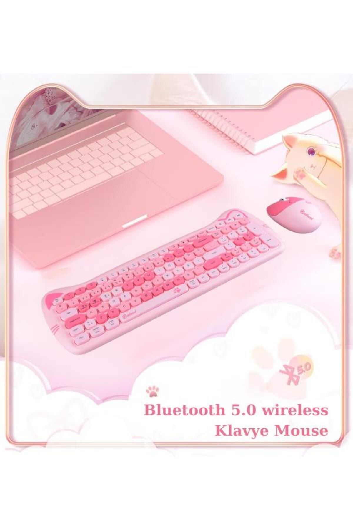 NDNeed Sevimli Kedi Kablosuz Klavye ve Mouse Seti Bluetooth + 2.4G Dual ...