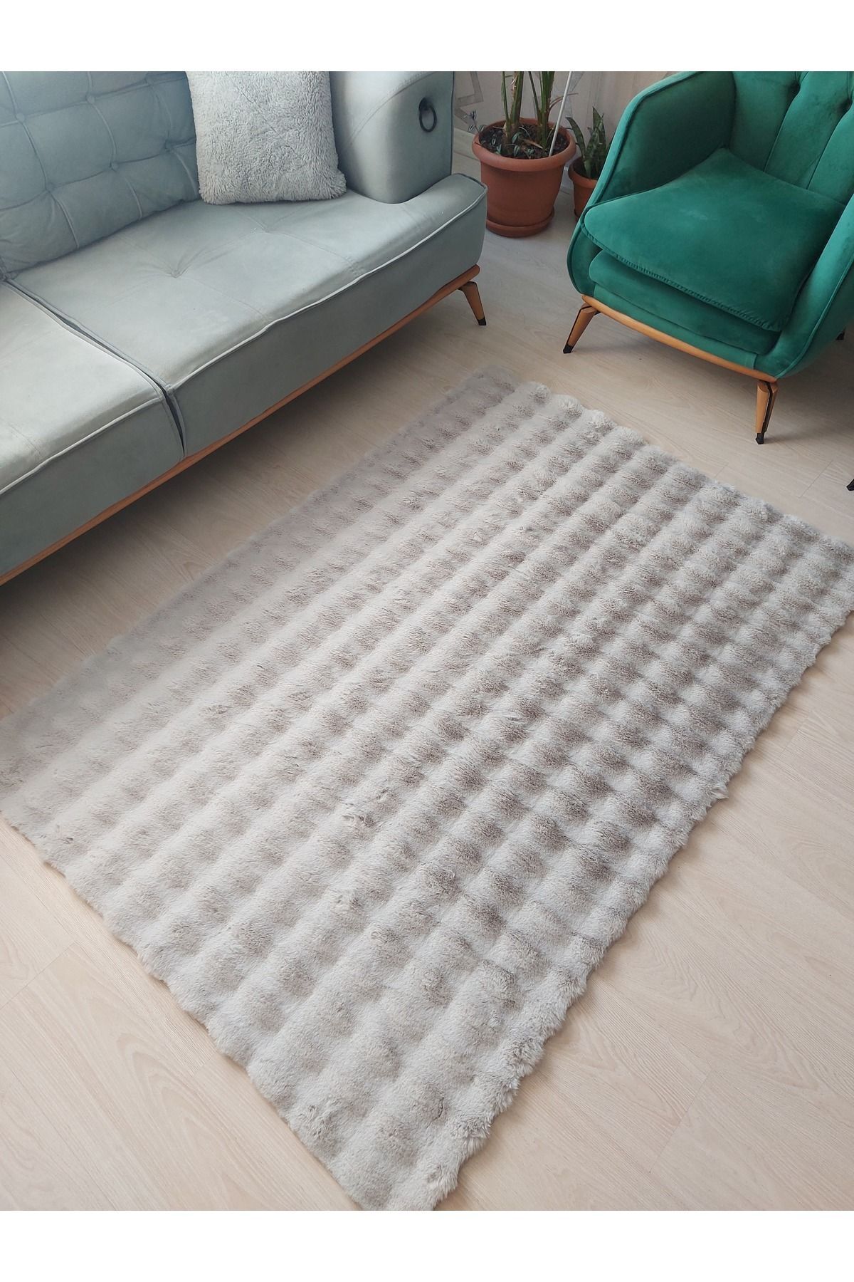 Saray Life Tavşan Tüyü Peluş Bubble Serisi Özel Dokuma Tabanlı Desenli Gri Renk Loop Tavşan Halı ...