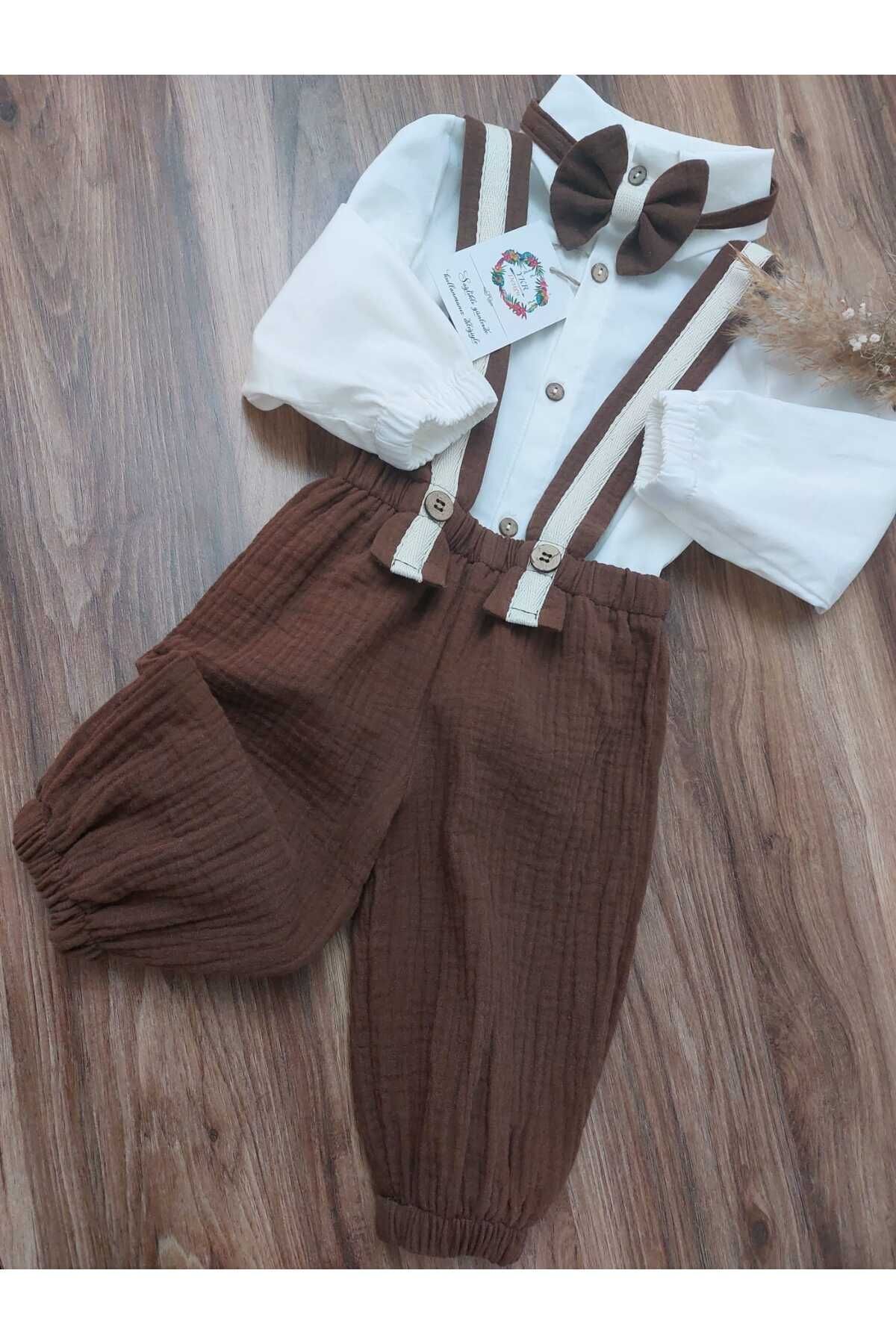 ykr design 2 Kat Kahve Müslin Salopet Gömlek Papyon Takım - Fiyatı ...