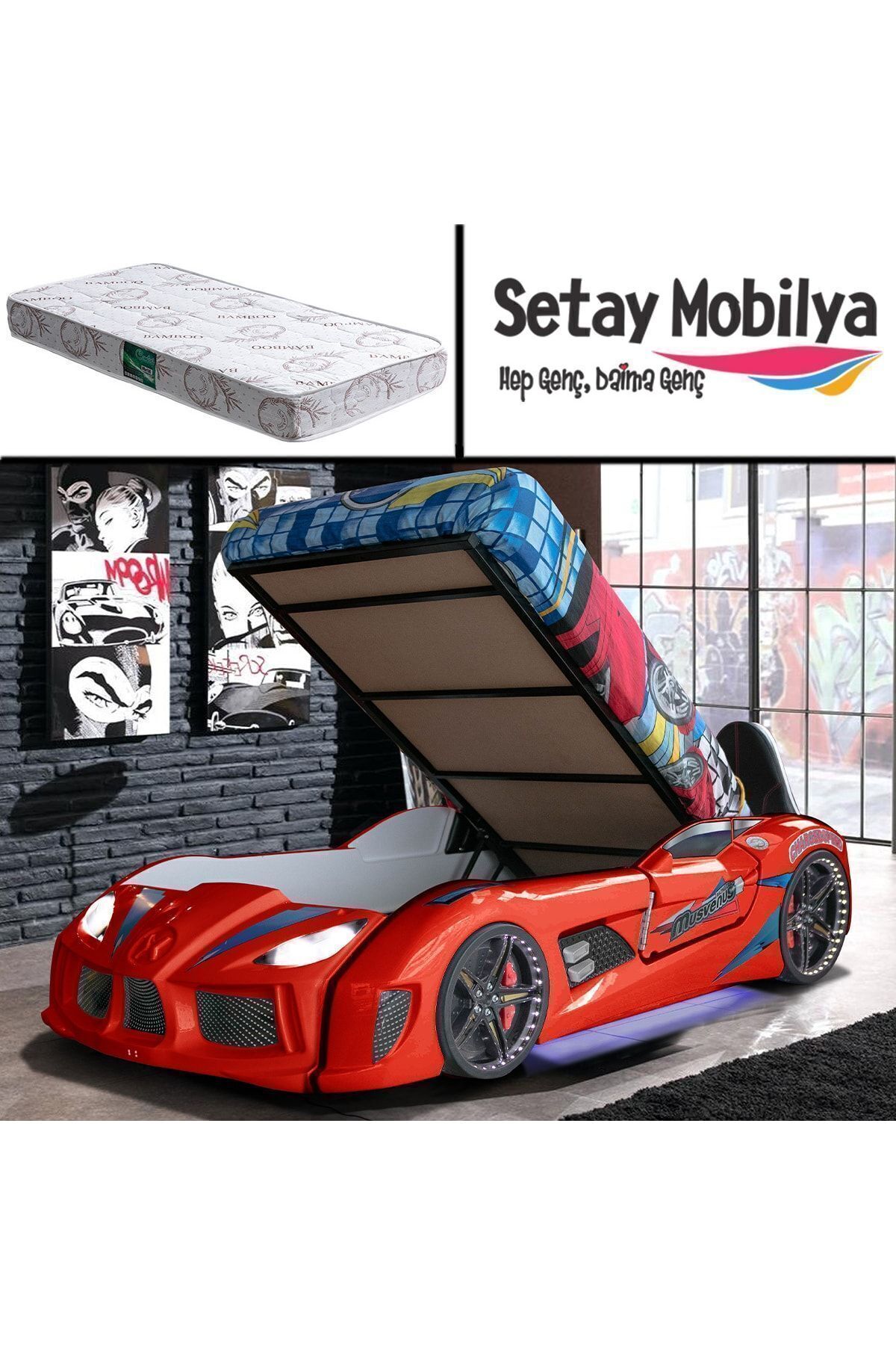 Setay Arabalı Yatak, Audi Bazalı Koltuklu Full Ledli Arabalı Yatak - Kırmızı 1 Adet Comfort ...